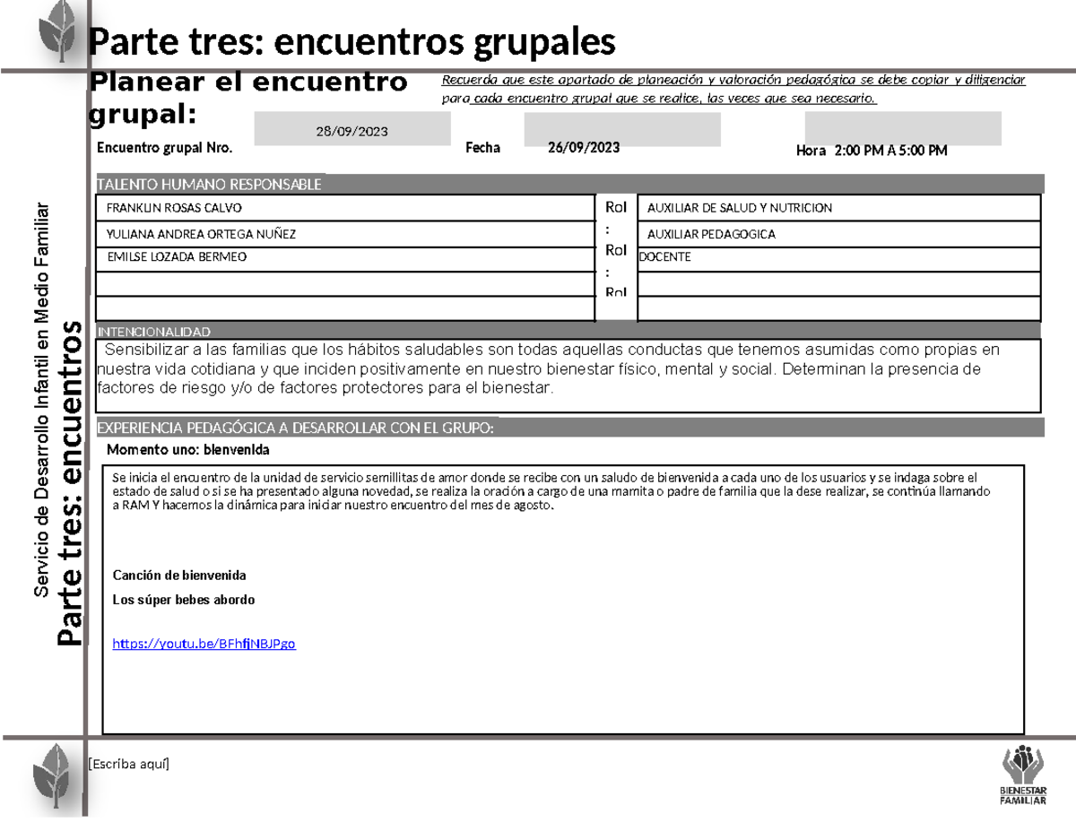 Planeación de Encuentros Grupales - DIMF 23 (Septiembre 2023) - Studocu