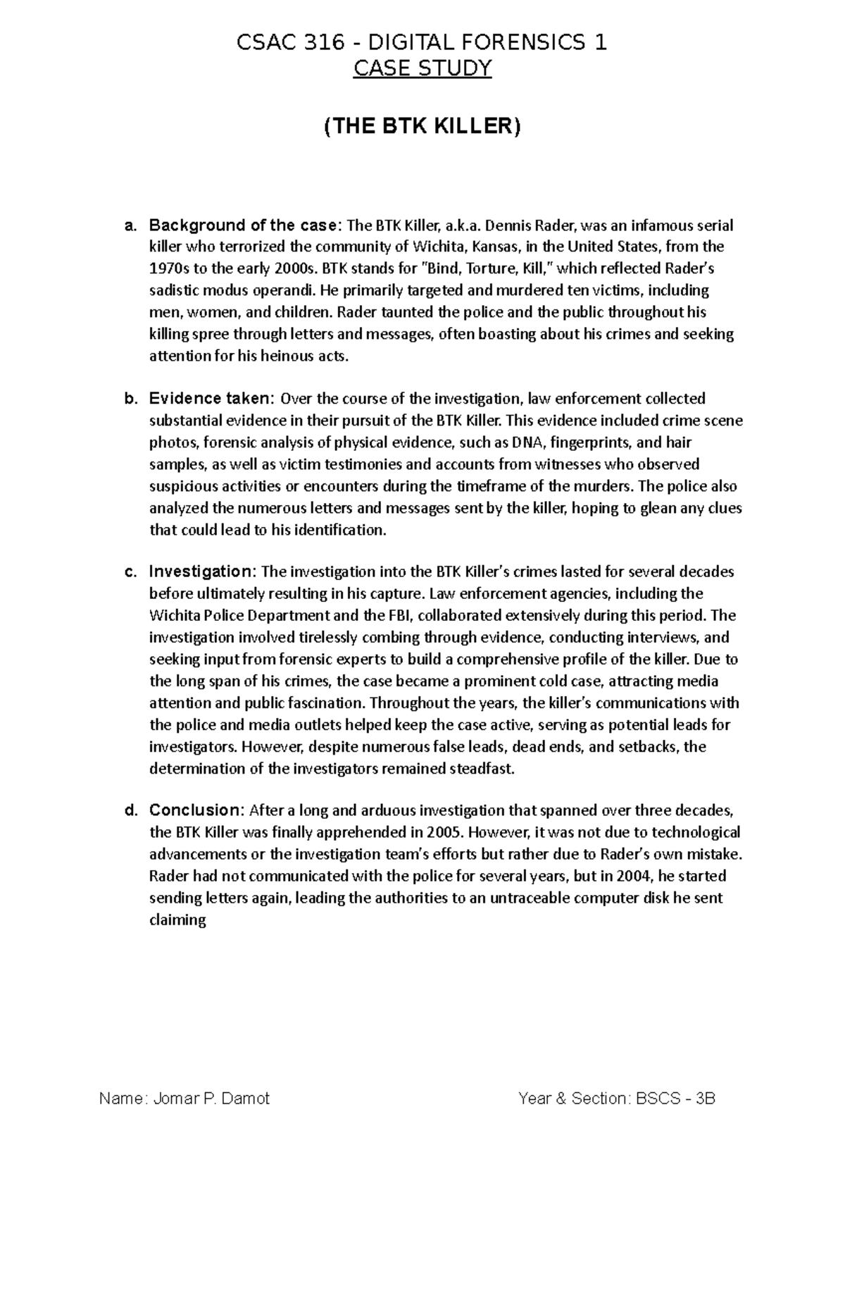 CSAC 316 - BTK Killer Case Study in Digital Forensics 1 - Studocu