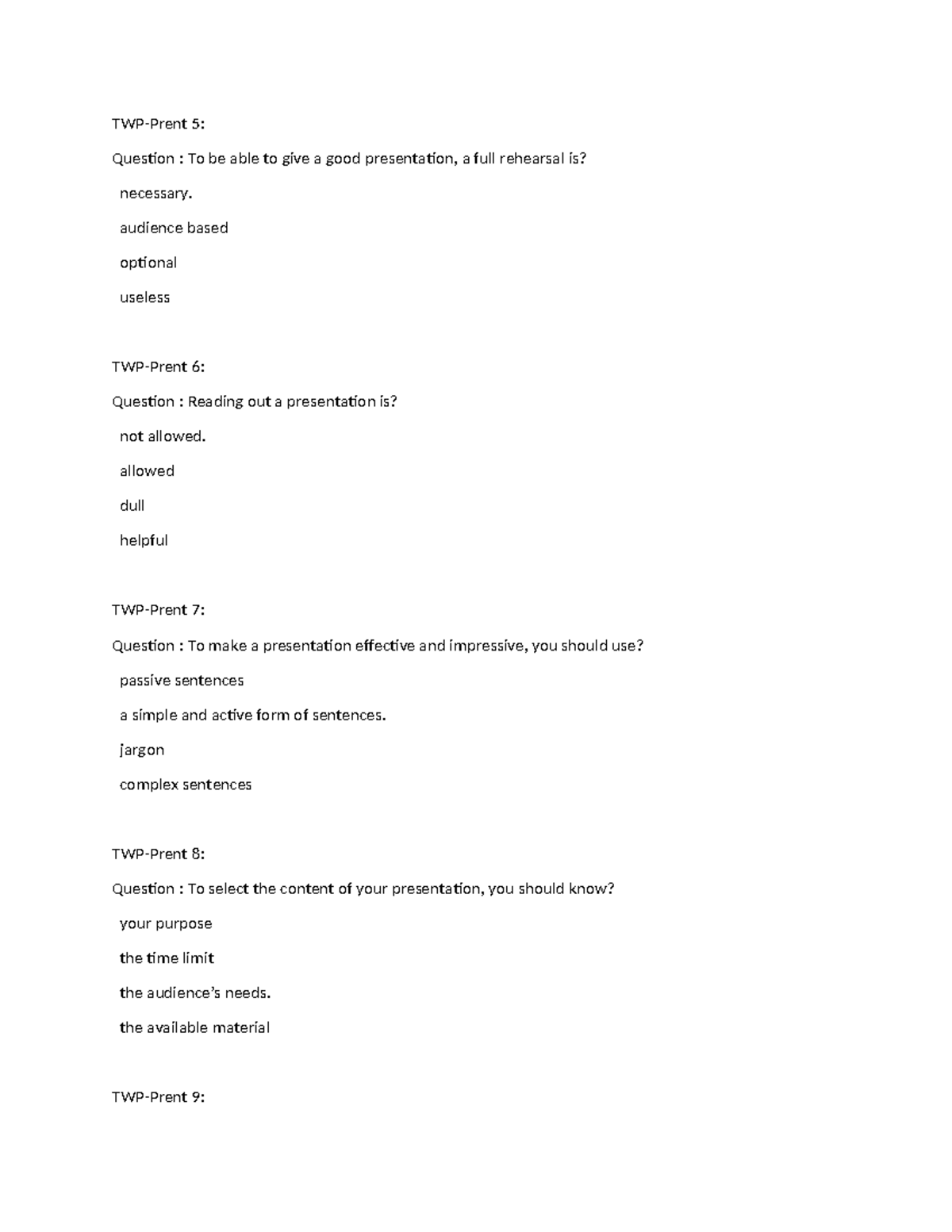 MCQ Example - Test Preparation for Effective Presentations - Studocu