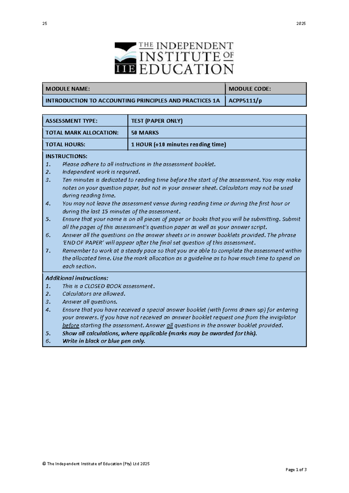 ACPP5111T1: Intro to Accounting Principles Test Guidelines and Info ...