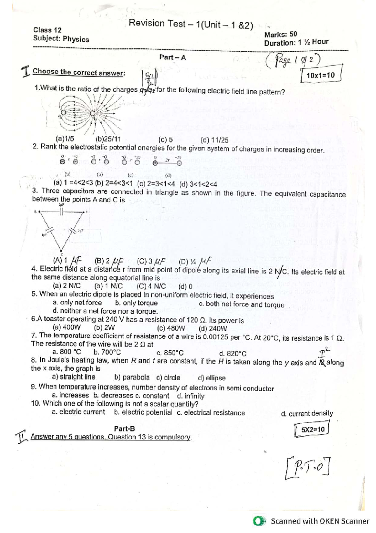 Class 12 Physics Revision Test 1: Important Questions & Answers - Studocu