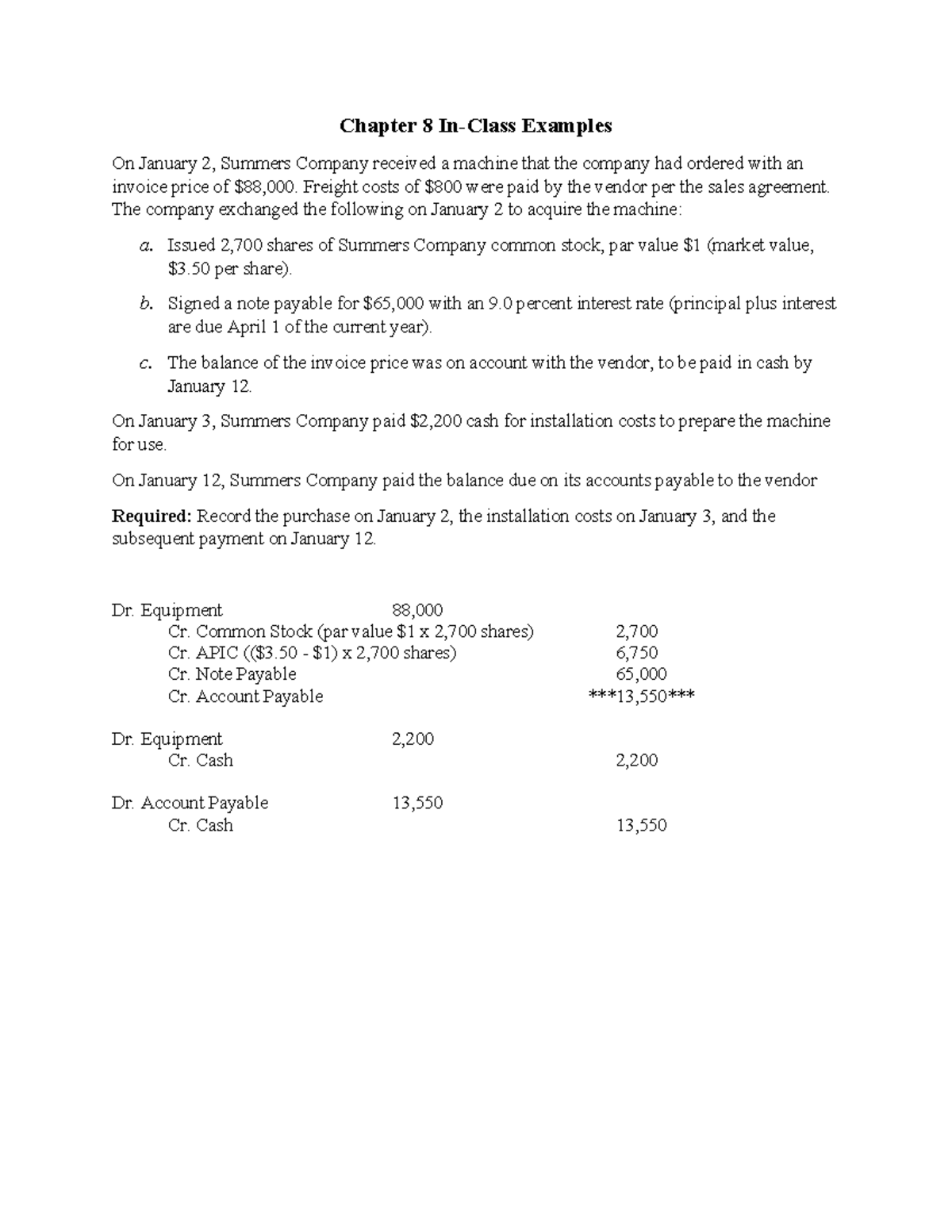 Chapter 8 In class examples Solution - Chapter 8 In-Class Examples On January 2, Summers Company ...
