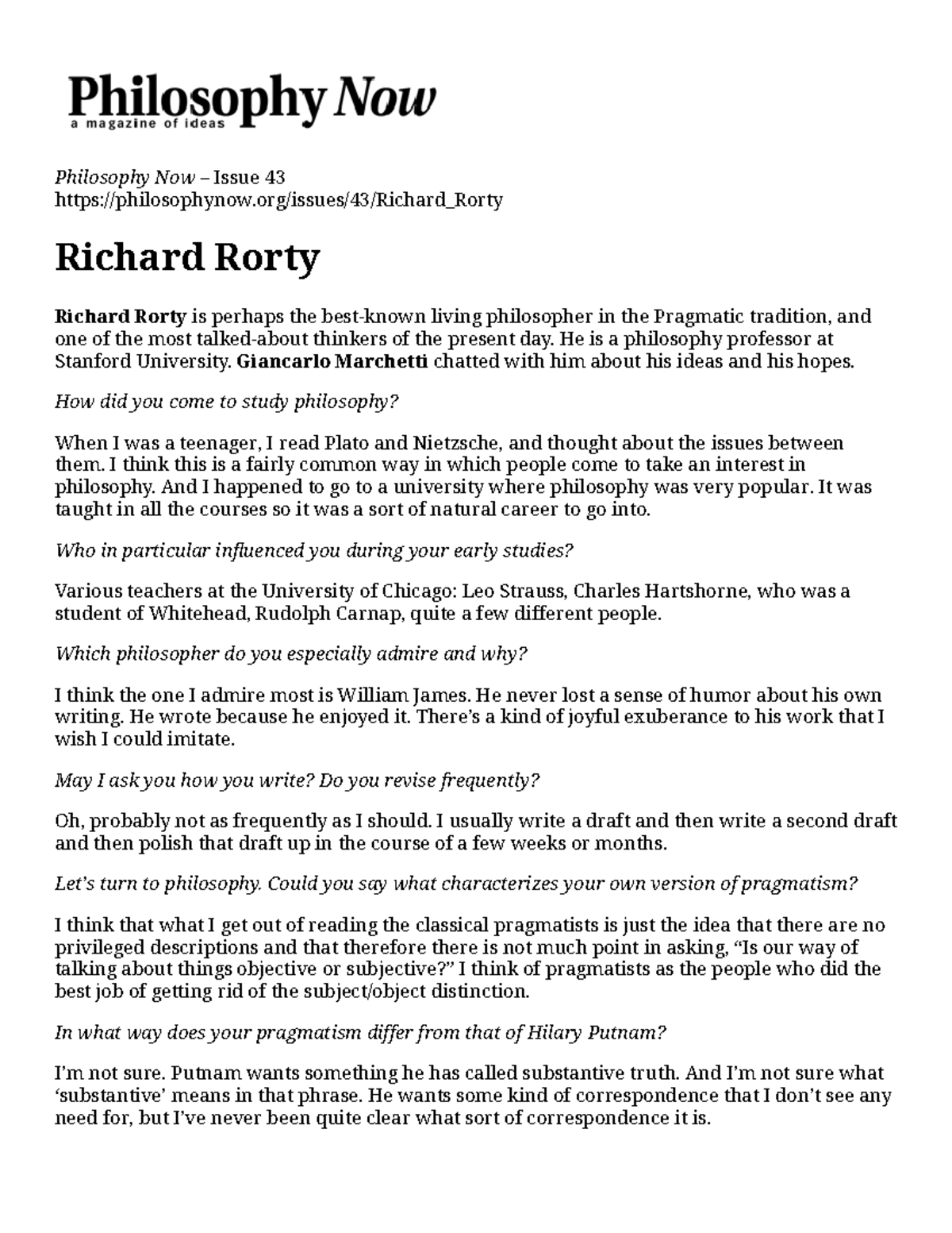 Richard Rorty Interview: Insights from Issue 43 of Philosophy Now - Studocu
