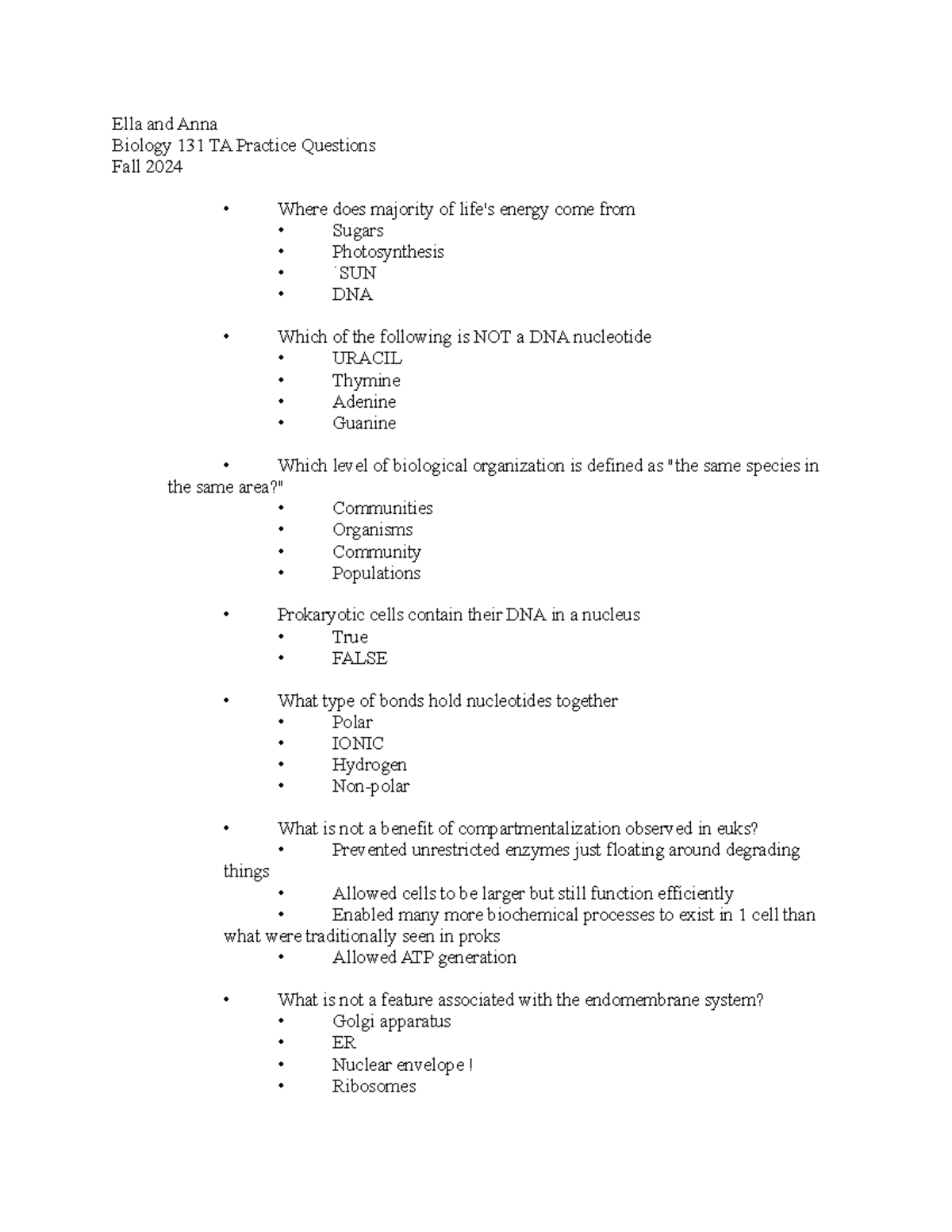 Biology 131 Exam 1 Practice Questions for Fall 2024 - Studocu