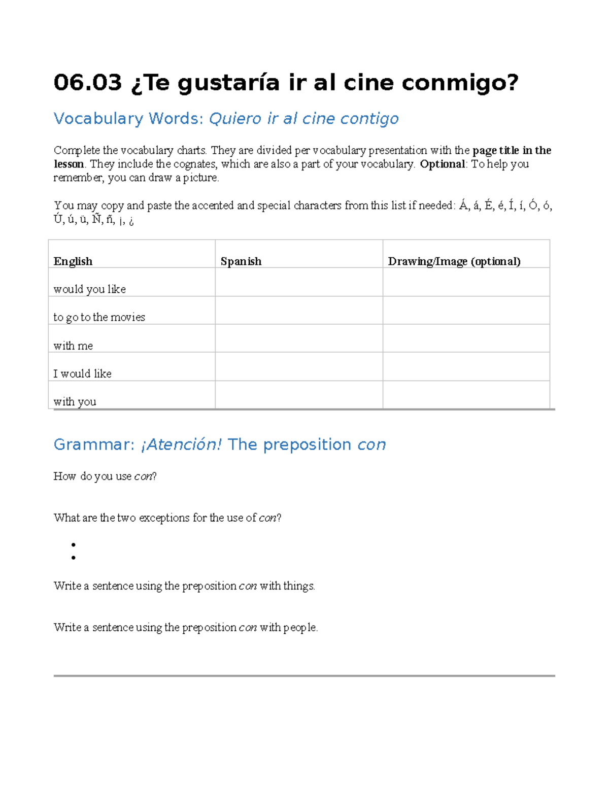 Helpful note guide for Spanish 1 semester 2 - 06 ¿Te gustaría ir al ...