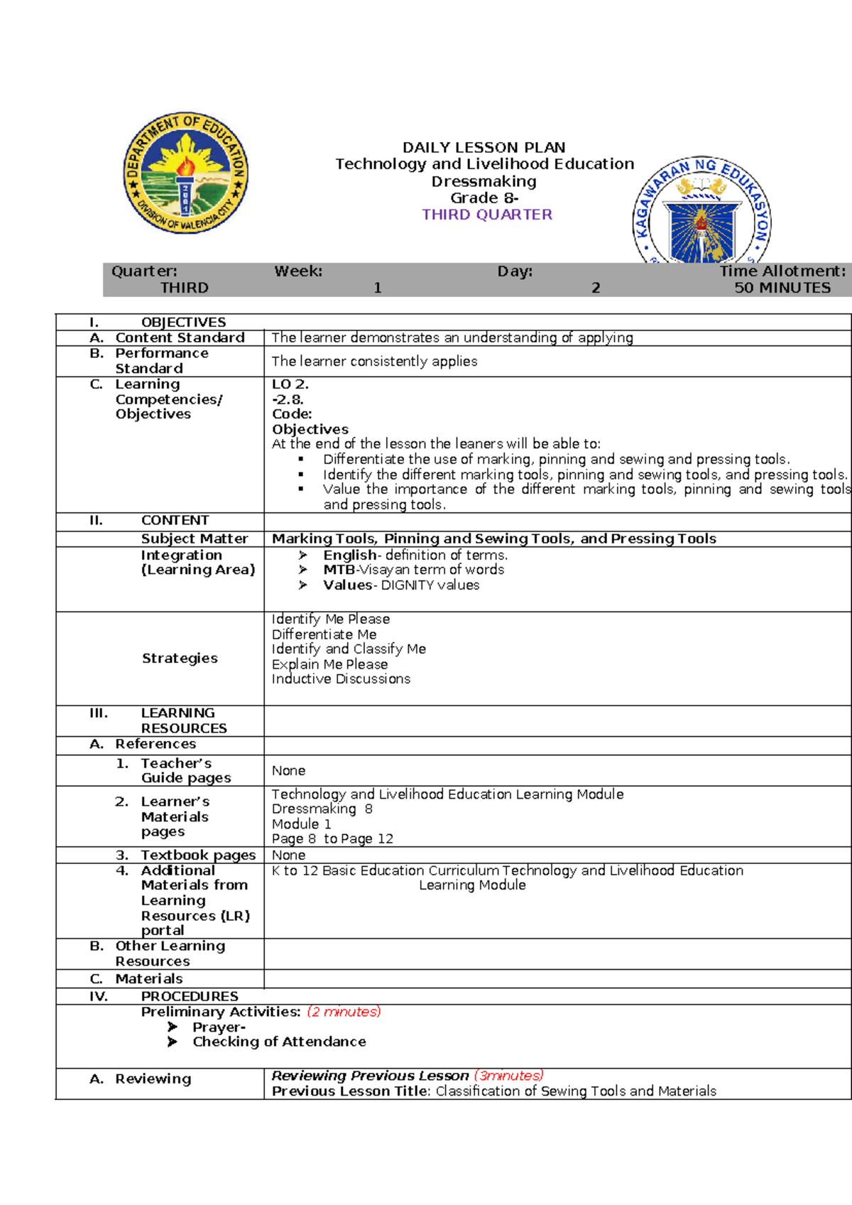 Dressmaking Lesson Plan - DLP-8 for Grade 8 - Third Quarter - Studocu