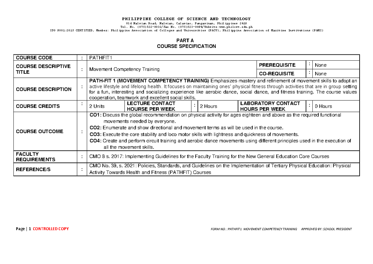 PATHFIT1 Movement Competency Training Course Syllabus and Outcomes ...