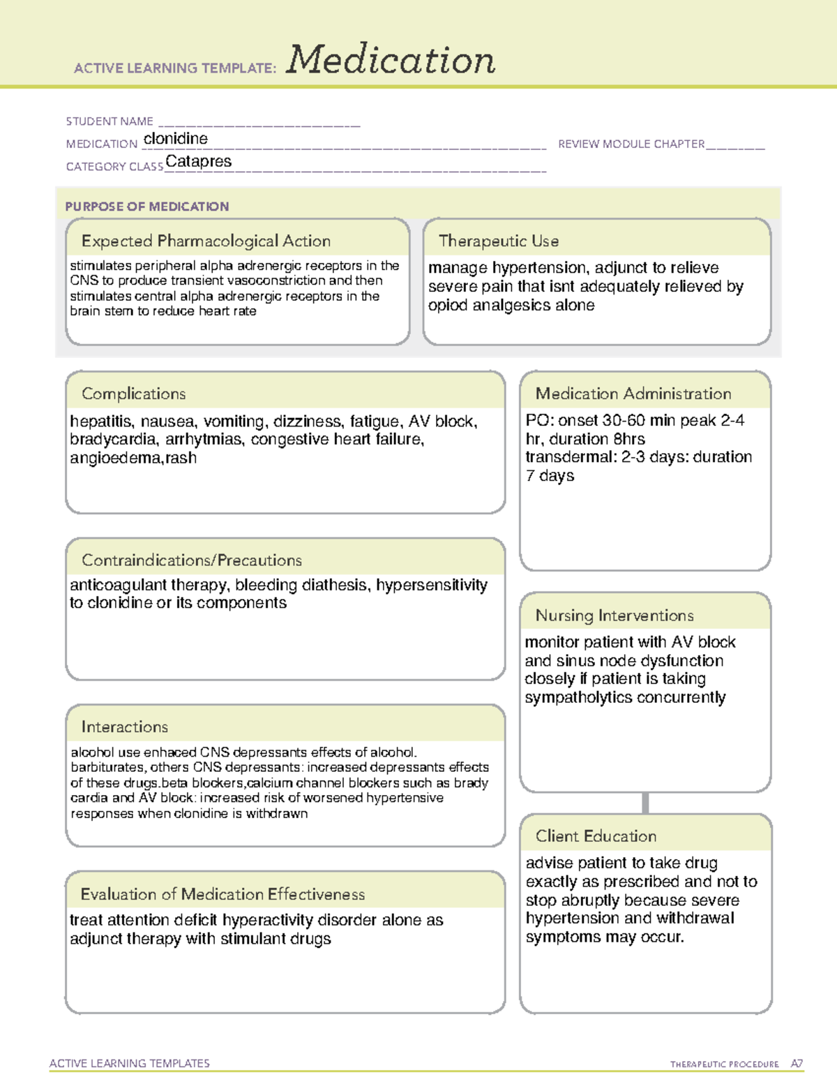 Clonidine ATI Med - ACTIVE LEARNING TEMPLATES THERAPEUTIC PROCEDURE A ...