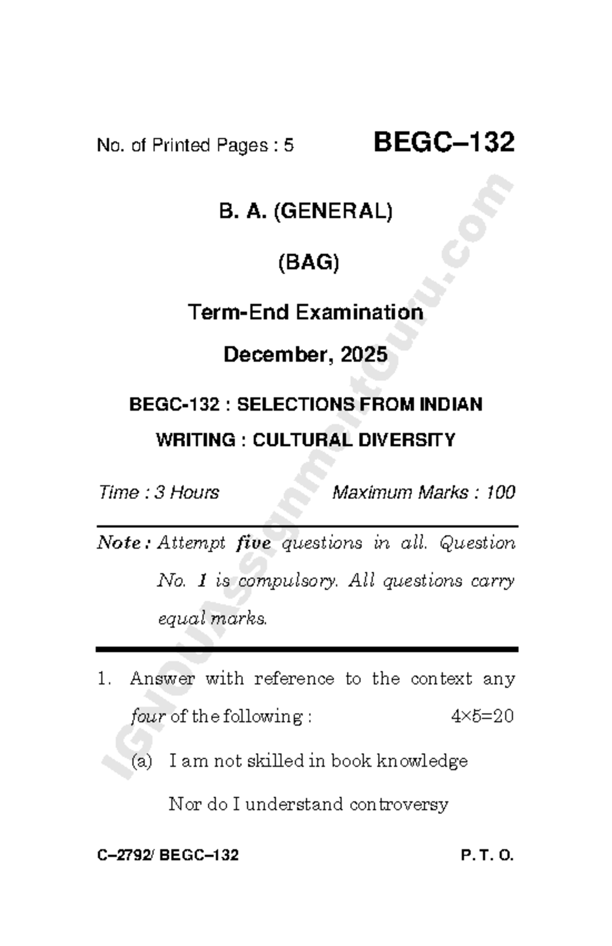 BEGC-132 Final Exam: Selections from Indian Writing - Cultural ...