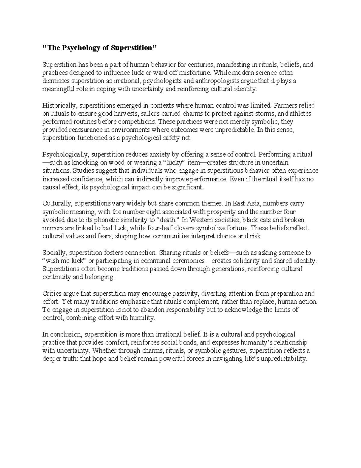 PSY 101: The Psychology of Superstition and Human Behavior - Studocu