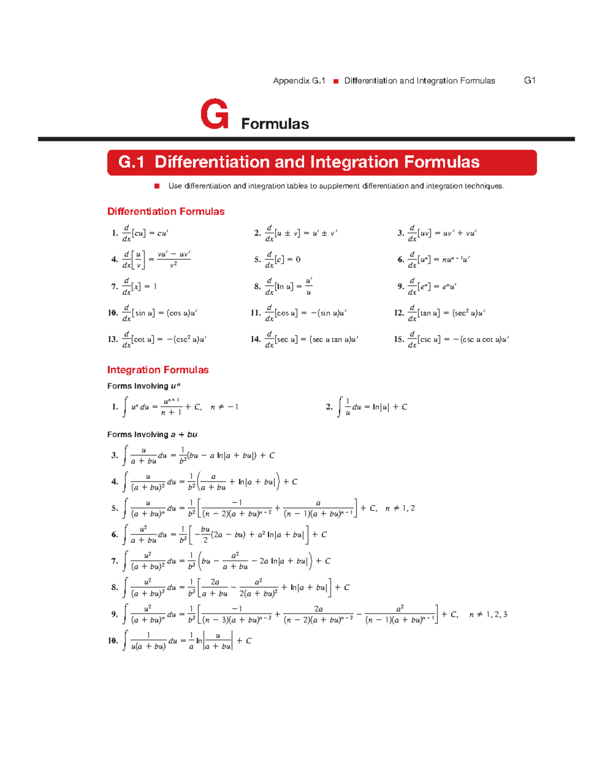 Differentiation and Integration Formulas - Appendix G (Course Code ...