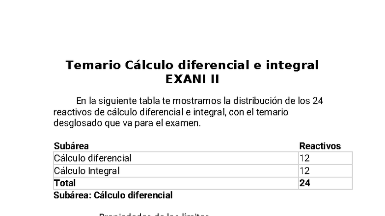 Temario Cálculo Diferencial e Integral EXANI II 2024 - Studocu