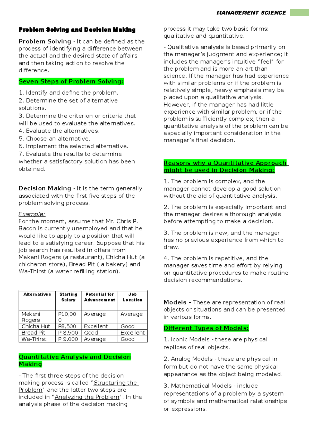 Management 101: Problem Solving & Decision Making Guide - Studocu
