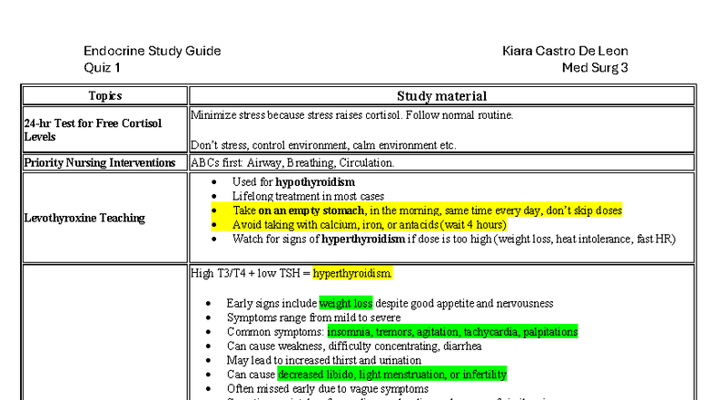 Endocrine Quiz 1 Study Guide: Med Surg 3 by Kiara Castro De Leon - Studocu