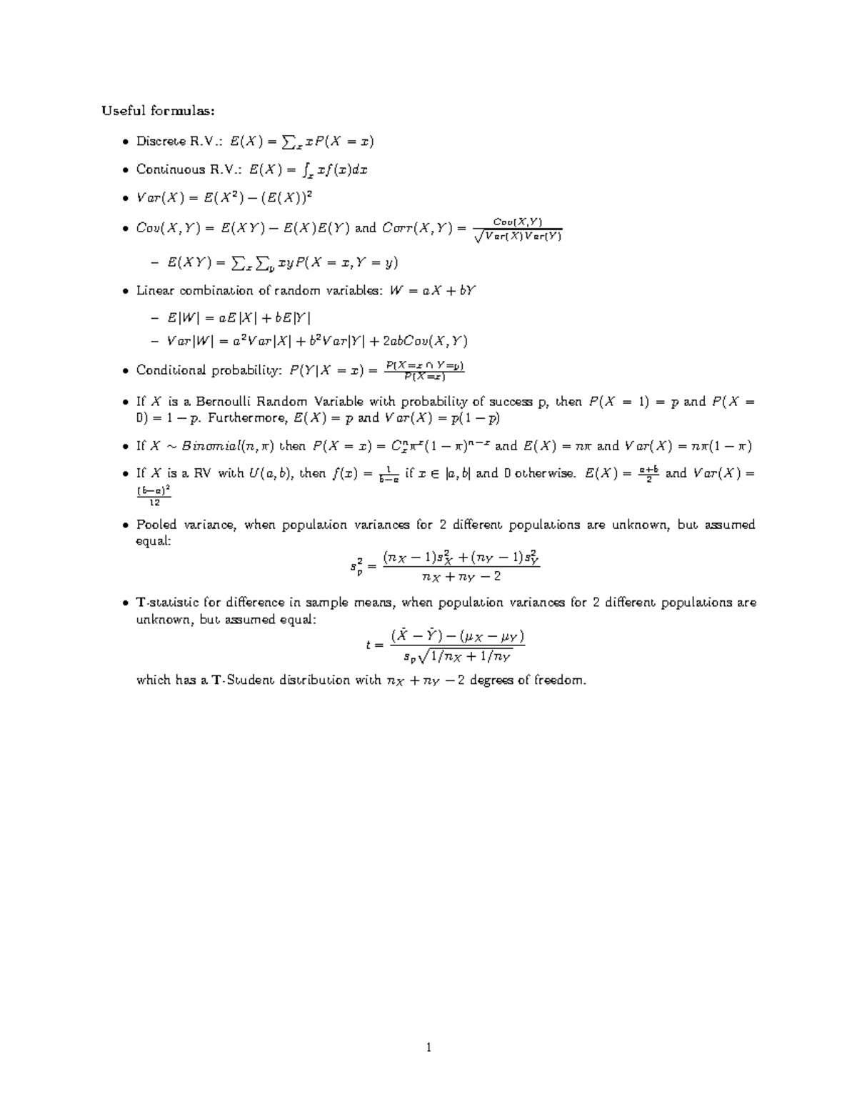 Formulasheet for Discrete & Continuous Random Variables (STAT 101) - Studocu