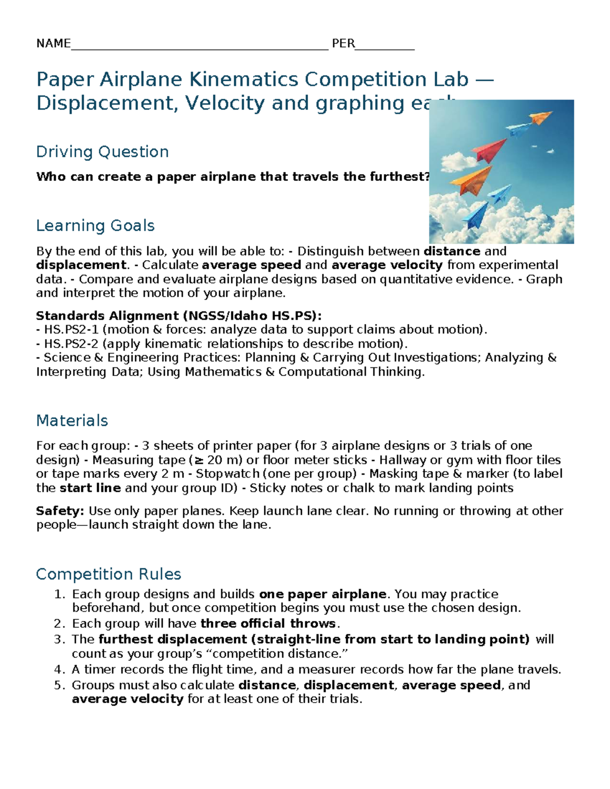 Paper Airplane Kinematics Lab (HS.PS) — Distance, Displacement, Speed ...