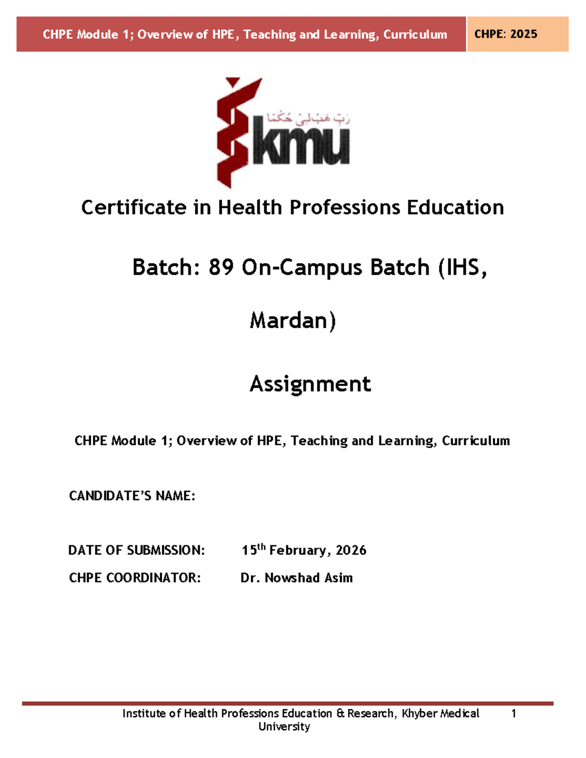 CHPE: 2025 Assignment Overview for Health Professions Education Batch ...