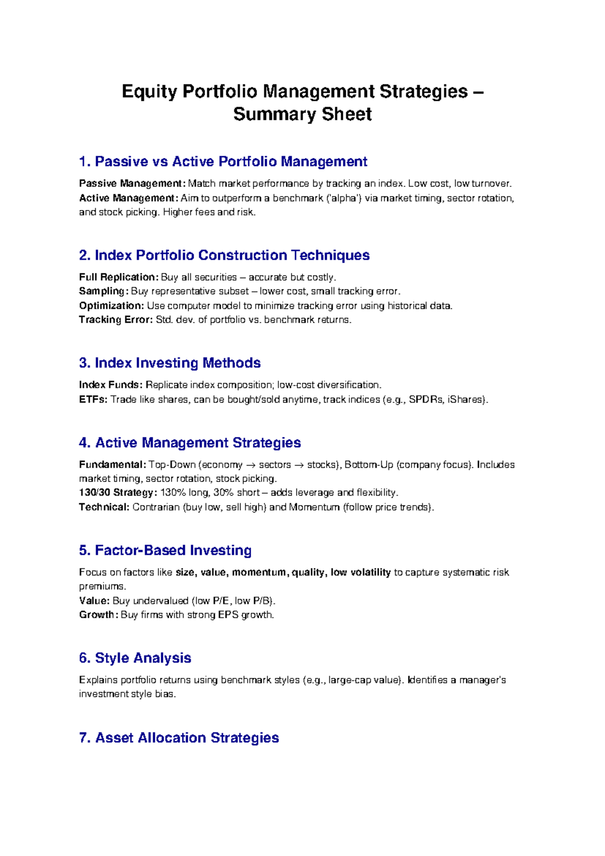 Equity Portfolio Management Strategies Summary Sheet - Studocu