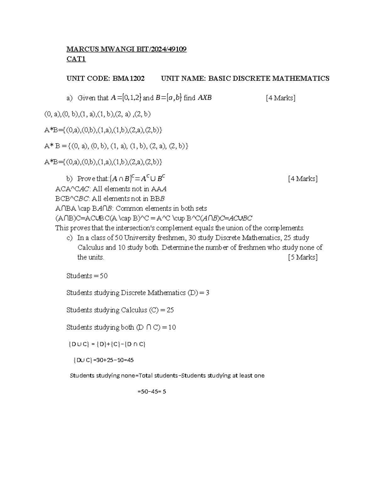 Discrete mathematics CAT1 BMA1202 notes and exercises - Studocu