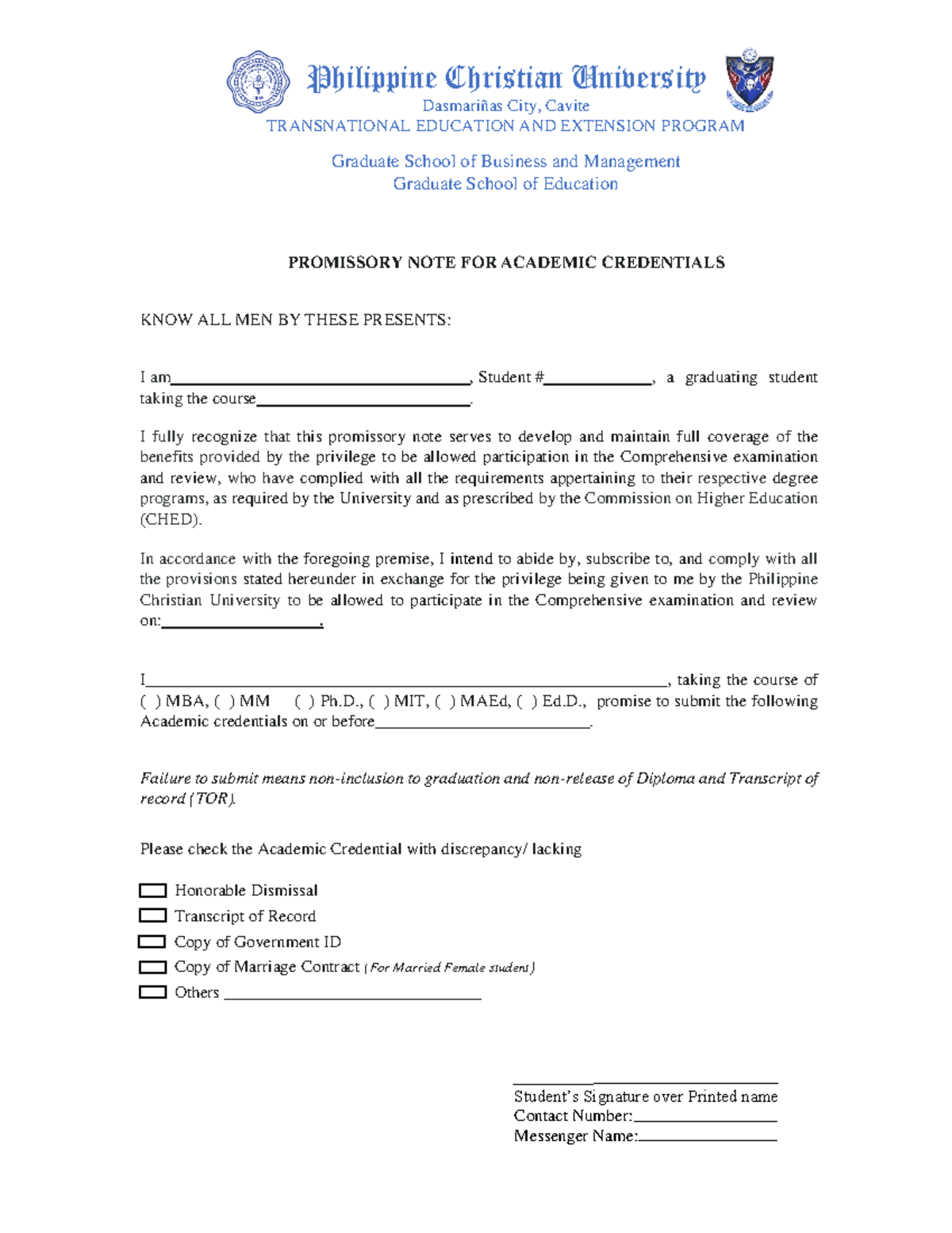 Promissory Note for Comprehensive Exam - PCU Graduate School - Studocu