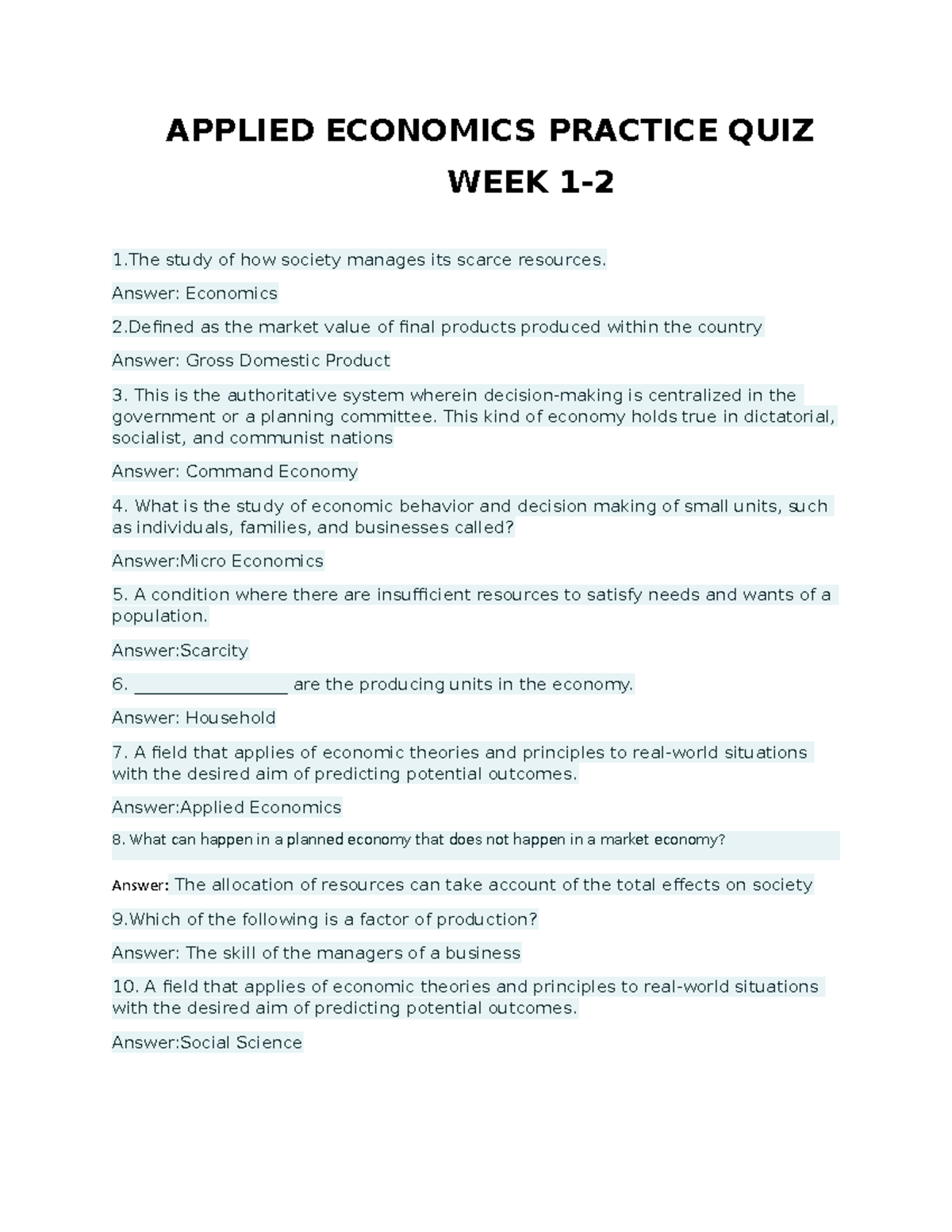 Applied Economics Practice Quiz G12 - Week 1-2 Overview - Studocu