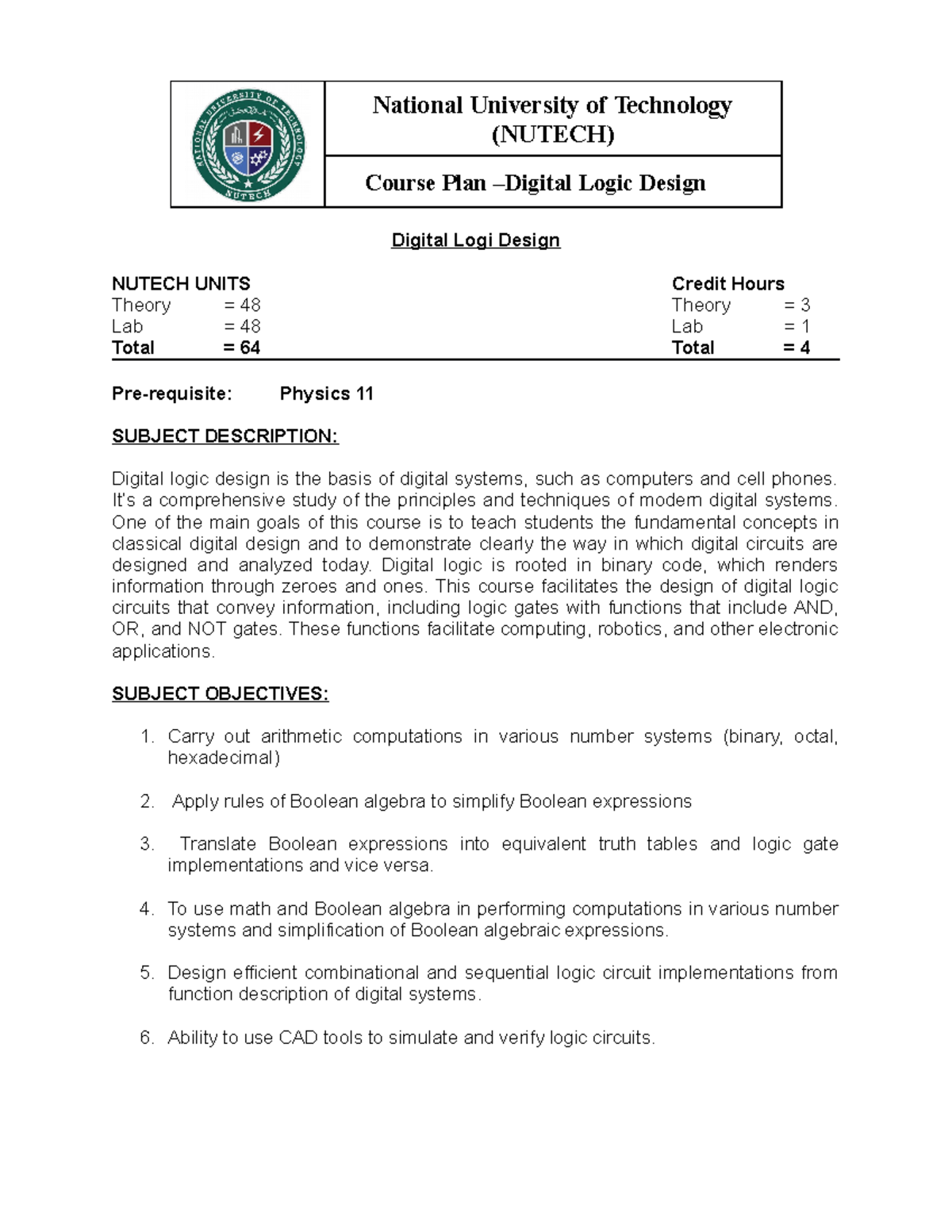 Digital logic design - Assignments solved. - (NUTECH) Course Plan ...