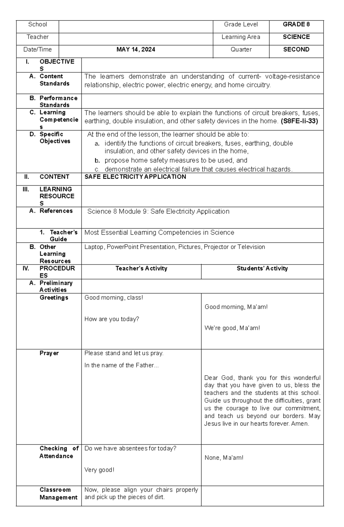 Grade 8 Science: Electrical Safety Devices and Hazards Lesson Plan ...