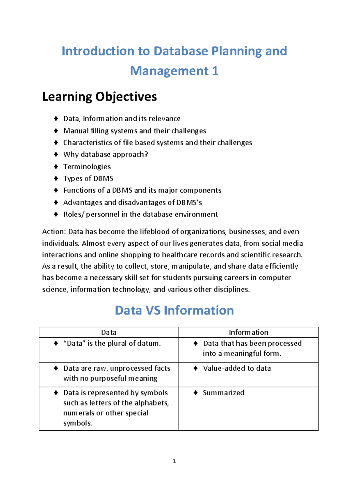 Lecture 1: Introduction to Database Planning and Management - Studocu