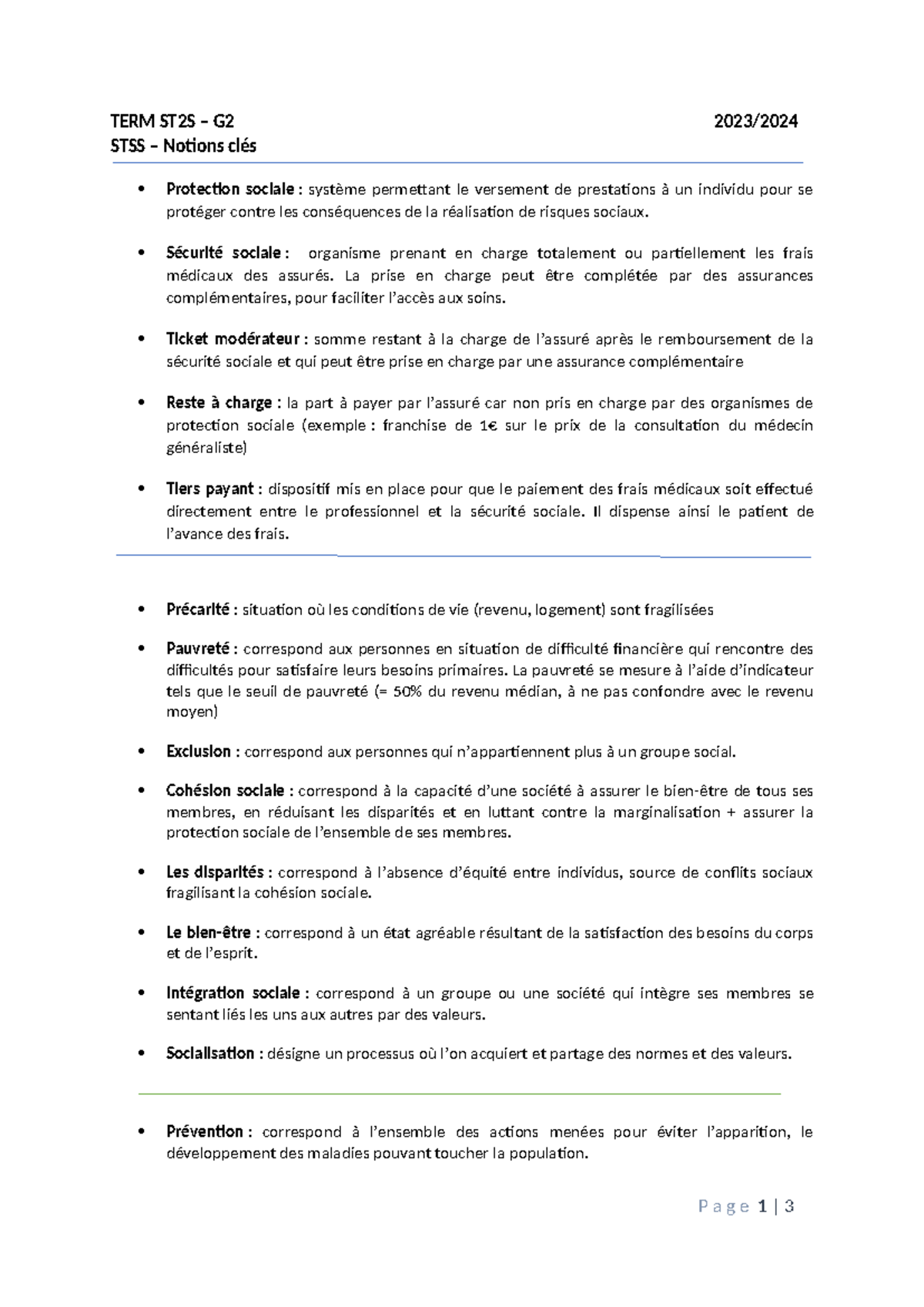 Notions clés en ST2S – G2 2023 : Protection Sociale et Santé - Studocu