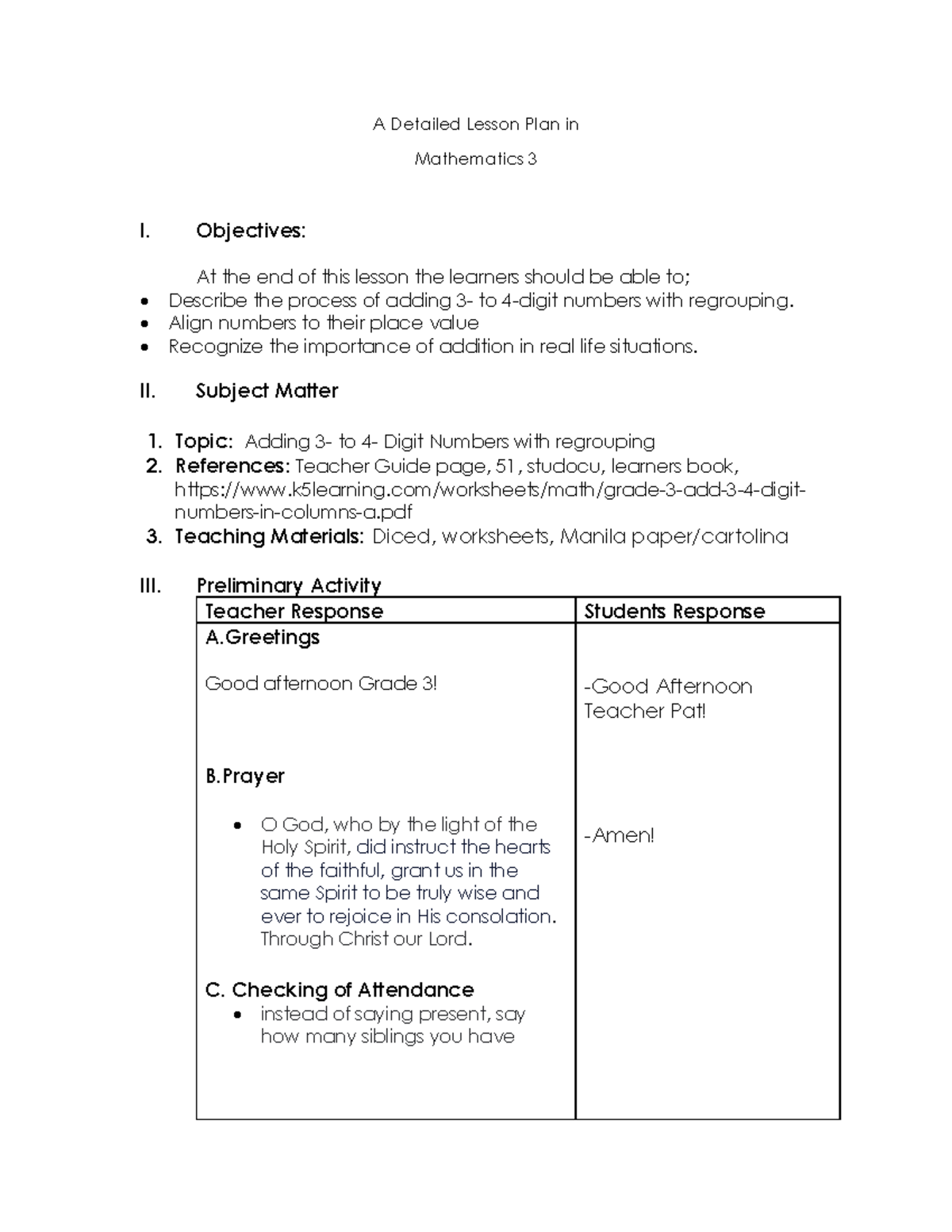 Detailed Lesson Plan: Adding 3- to 4-Digit Numbers (Math 3) - Studocu