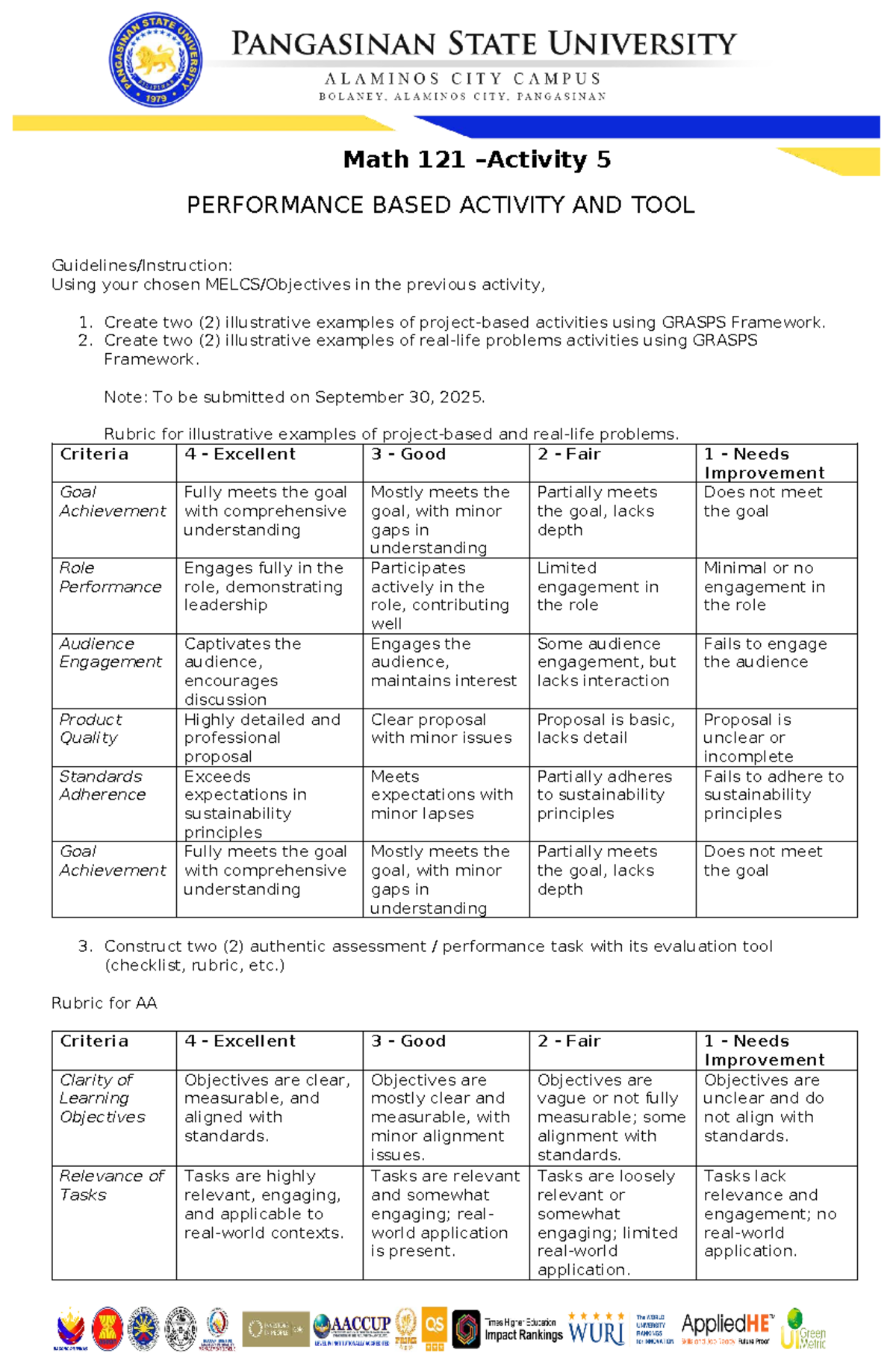 Math 121: Activity 5 - GRASPS Framework Illustrative Examples ...