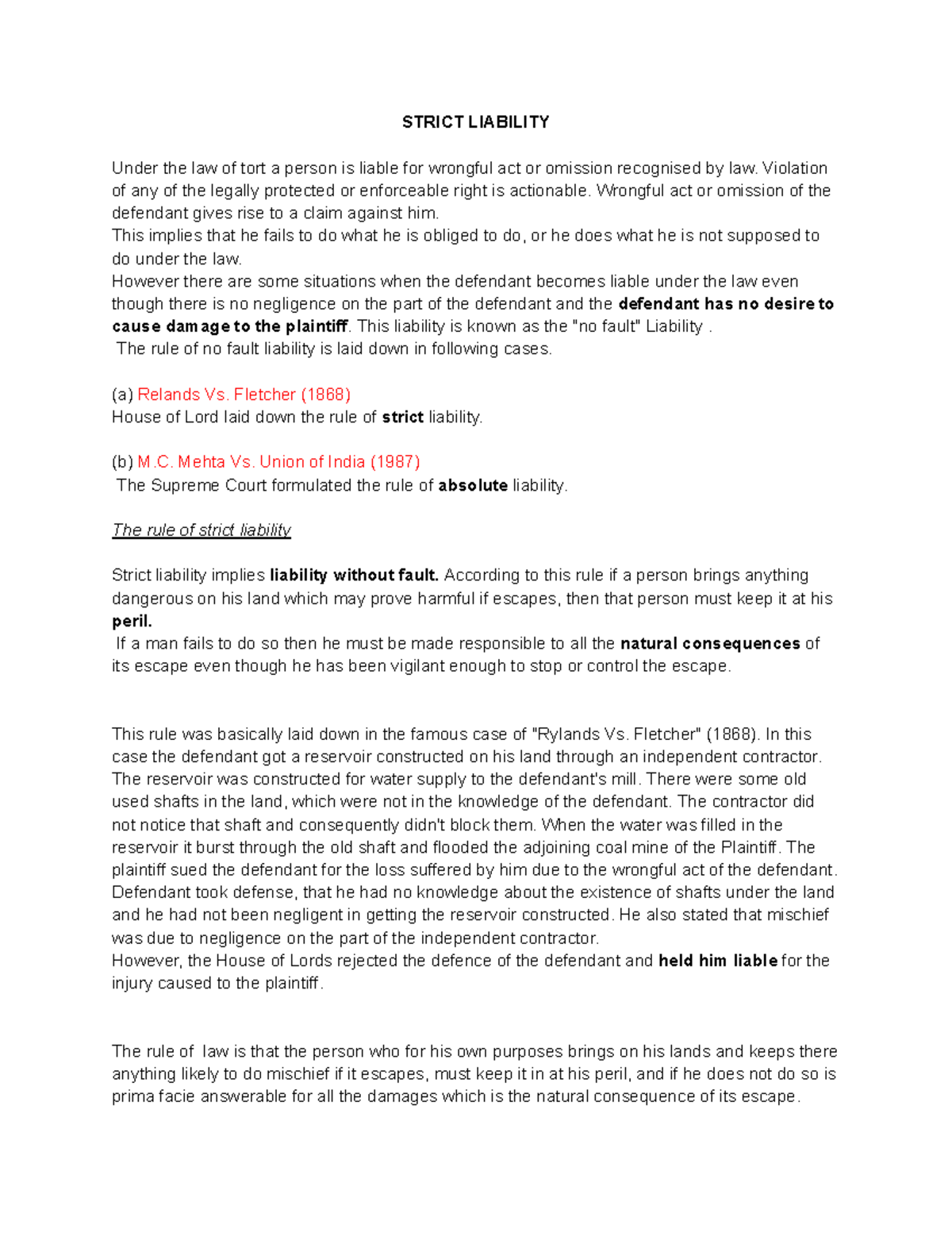 Strict Liability in Tort Law: Key Principles & Case Studies - Studocu