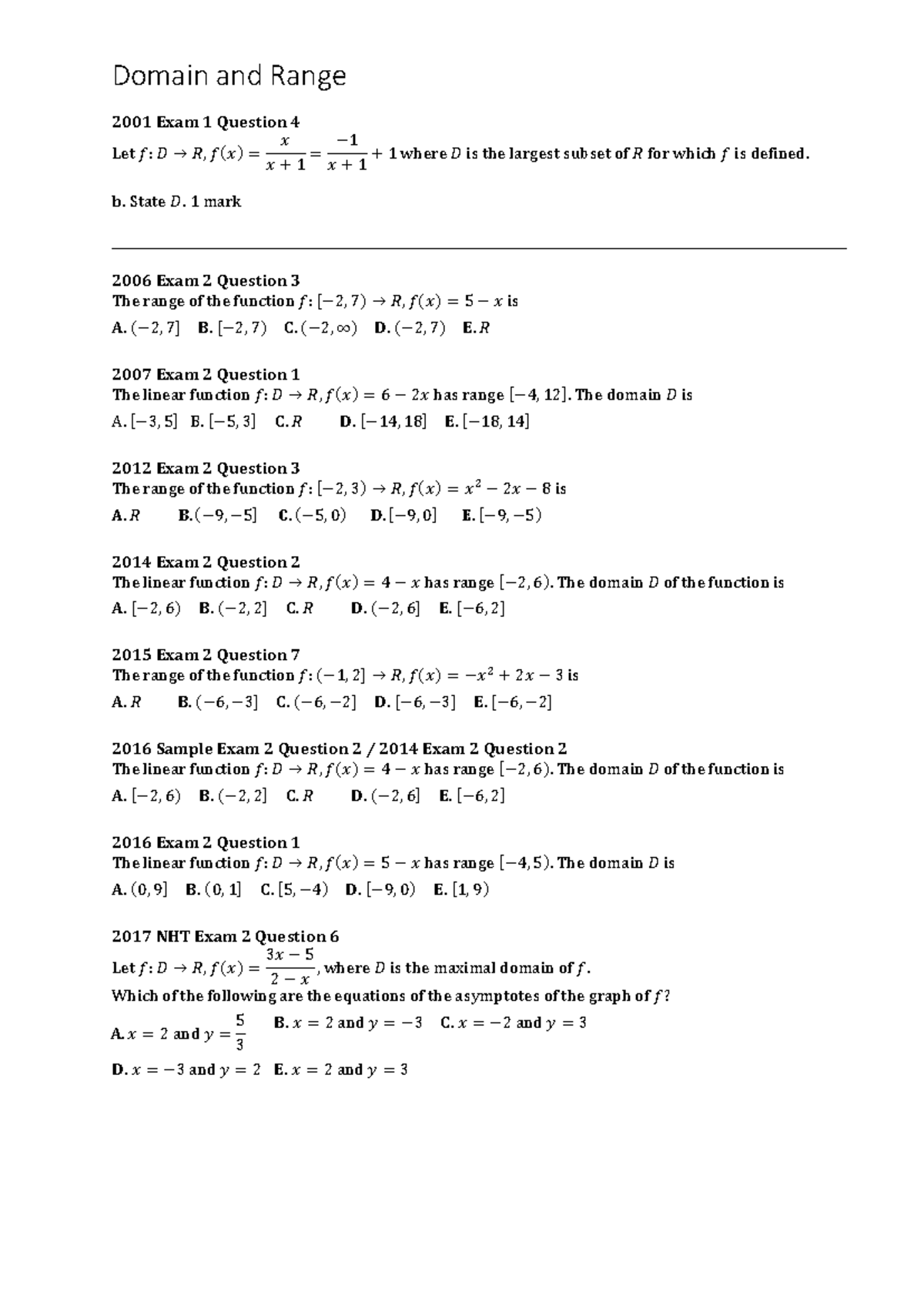 Domain and Range Analysis: Exam Questions 2001-2020 - Studocu