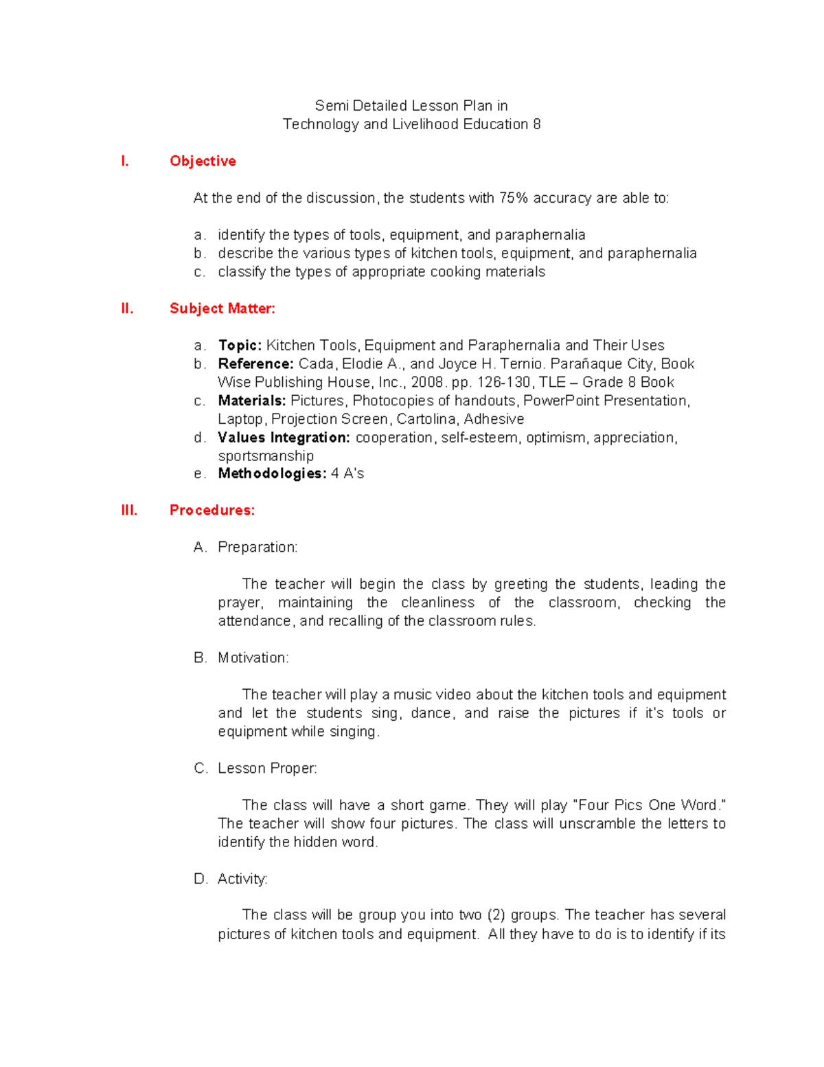 Semi-Detailed Lesson Plan: Kitchen Tools & Equipment (TLE 8) - Studocu