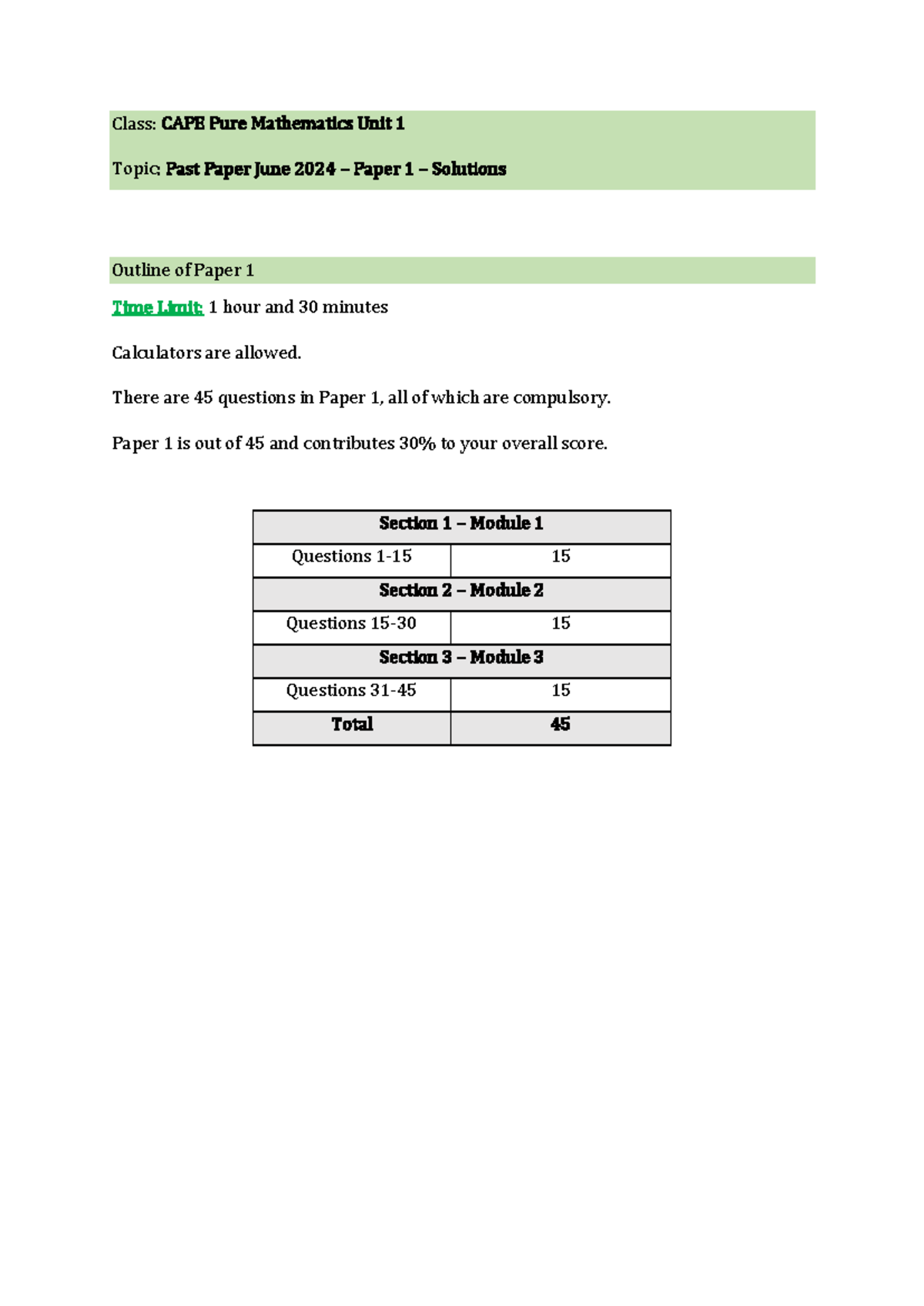 CAPE Pure Mathematics Unit 1 - June 2024 Paper 1 Solutions - Studocu