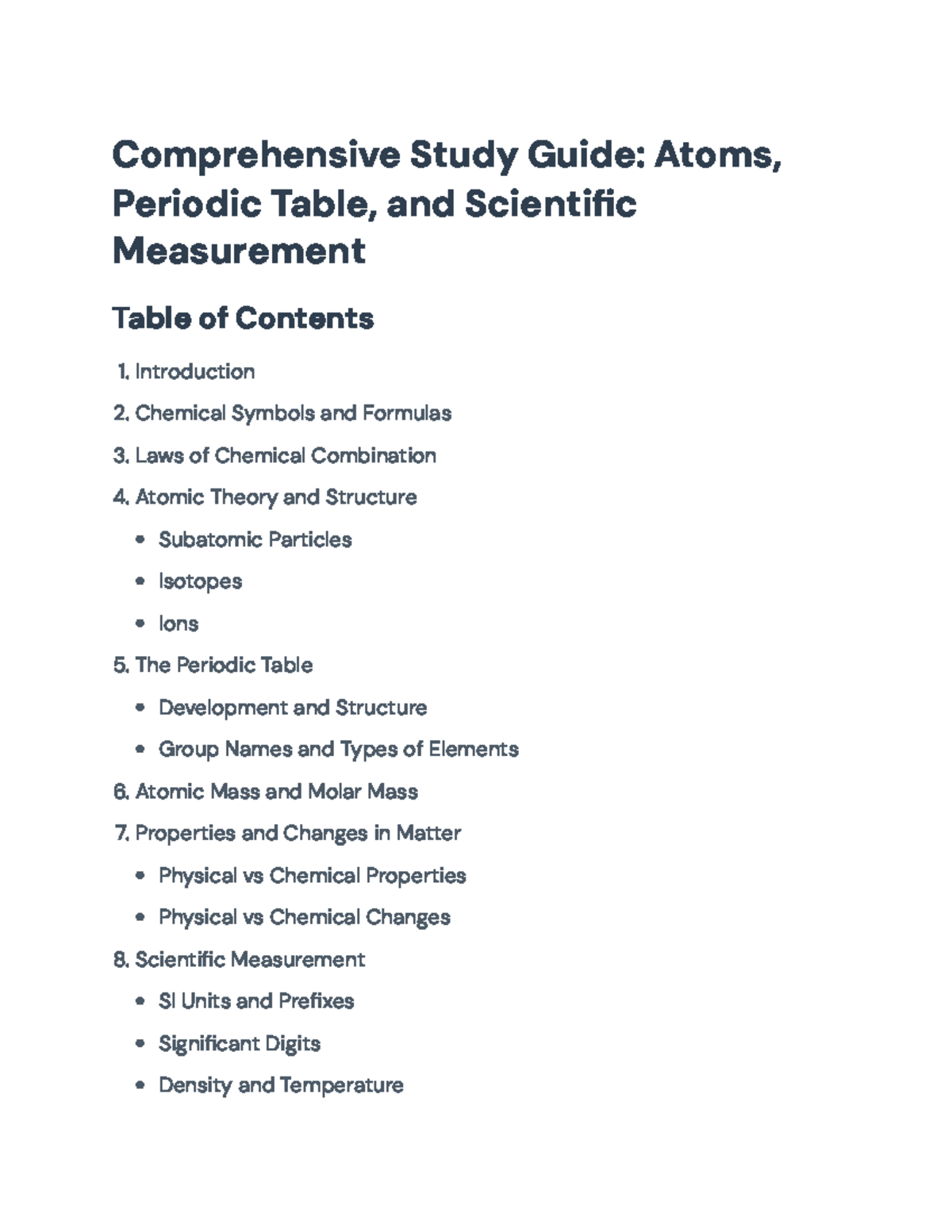 Chemistry Study Guide: Atoms, Periodic Table, and Measurements ...