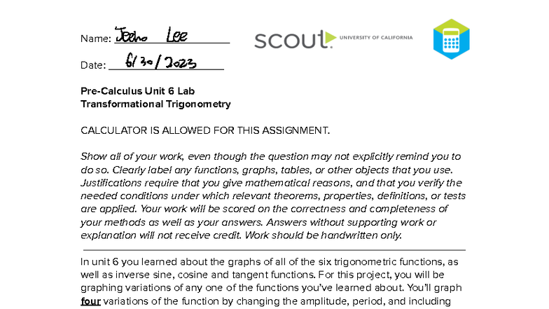 Pre Calc Unit 6 Lab: Transformational Trigonometry Project - Studocu