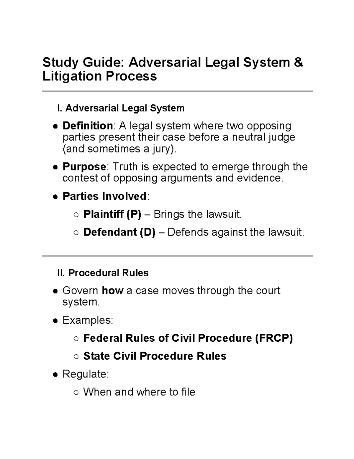 Study Guide: Adversarial Legal System & Litigation Process (ALS 101 ...