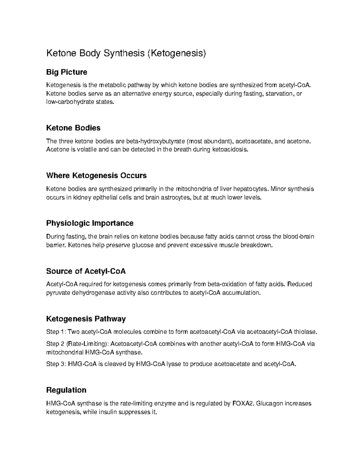 Ketone Body Synthesis (Ketogenesis) Organized Notes - Studocu
