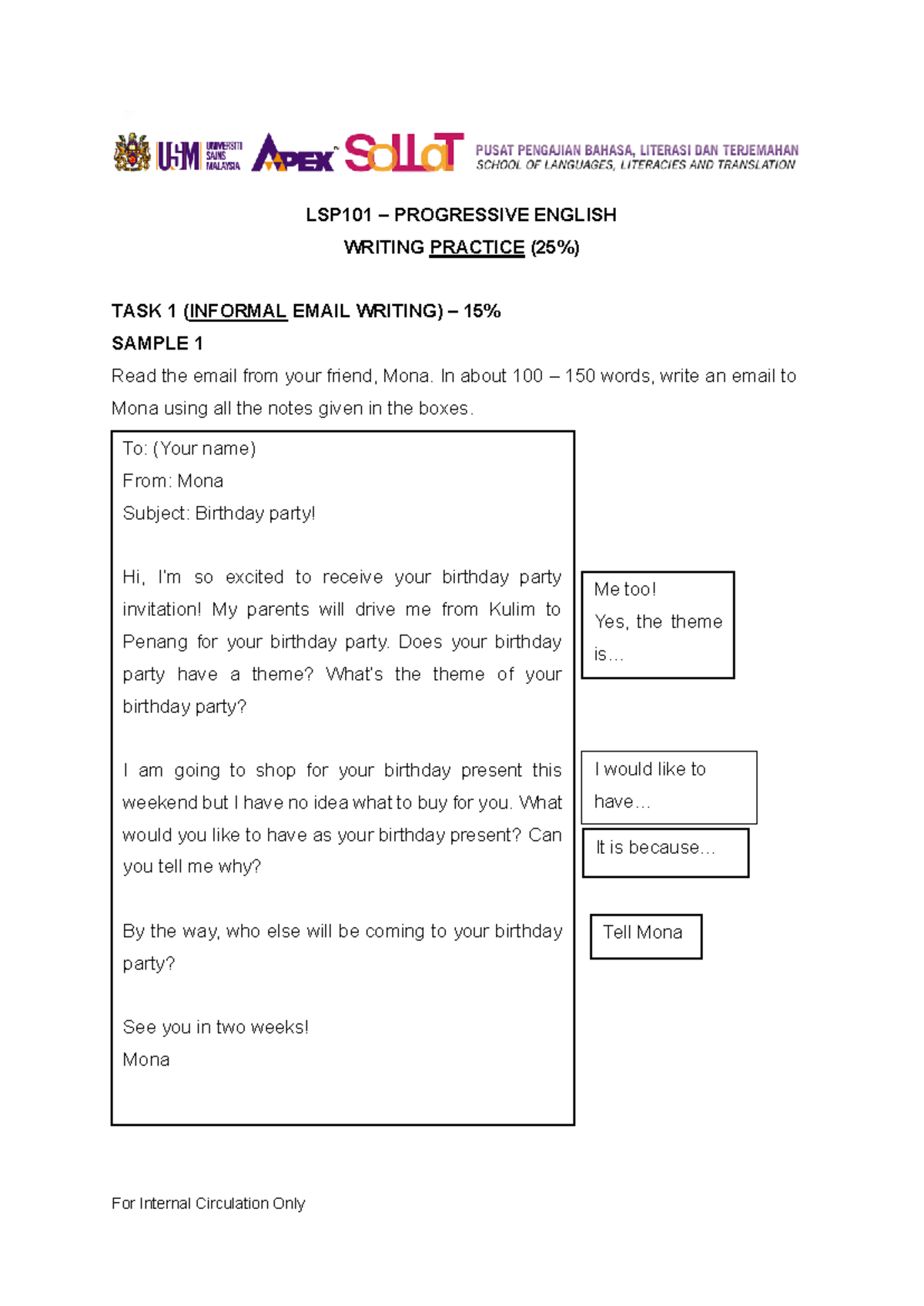 LSP 101 Task 1: Informal Email Writing Samples and Guidelines - Studocu