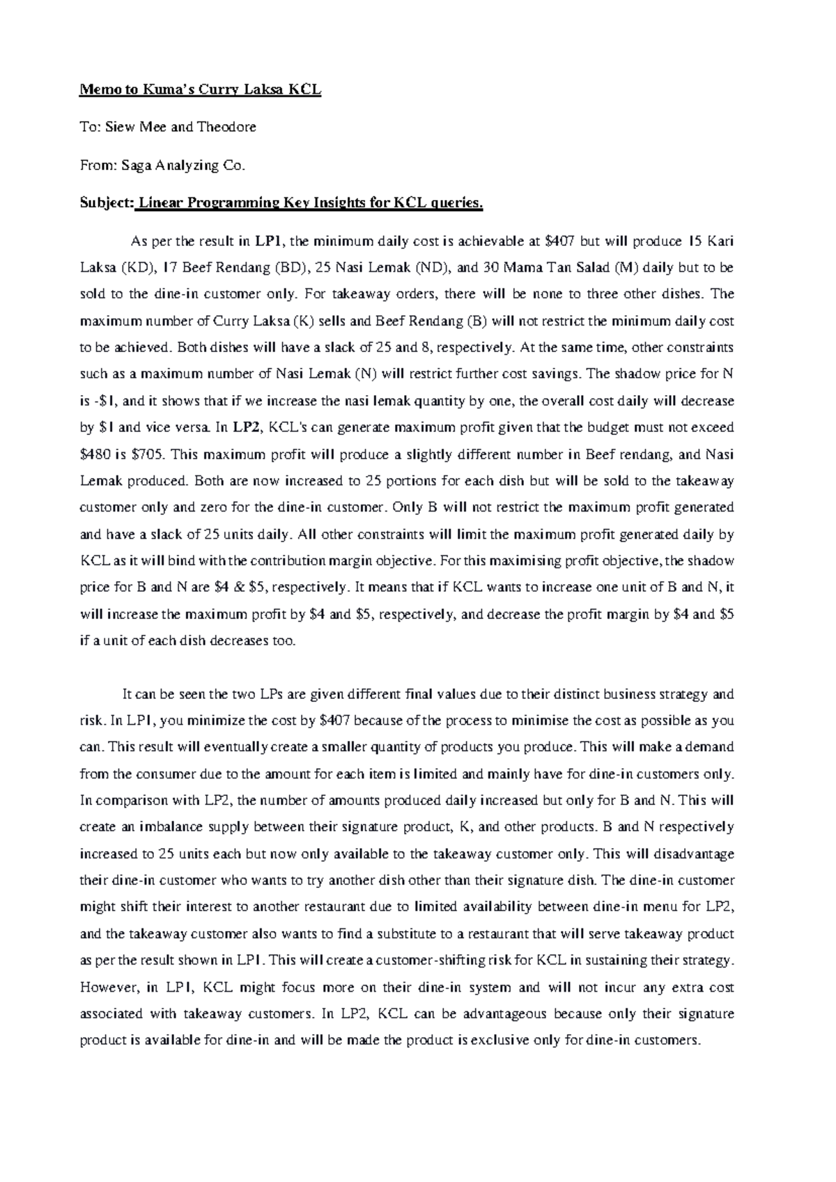 Memo to KCL: Linear Programming Insights for Cost & Profit Analysis ...