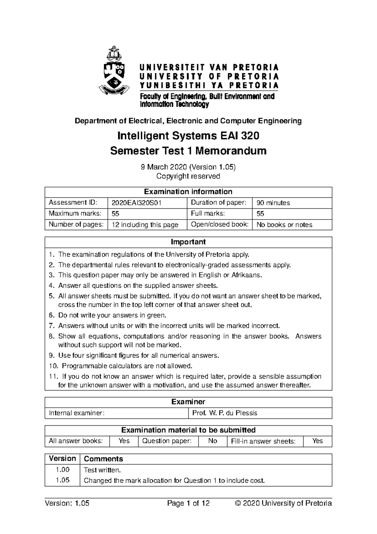 Test 1 memorandum - memo - Department of Electrical, Electronic and ...