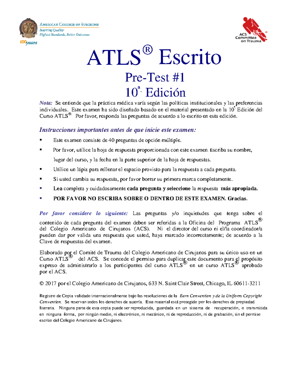 Pretest 10ª Ed. - Curso ATLS® Análisis y Evaluación de Preguntas - Studocu