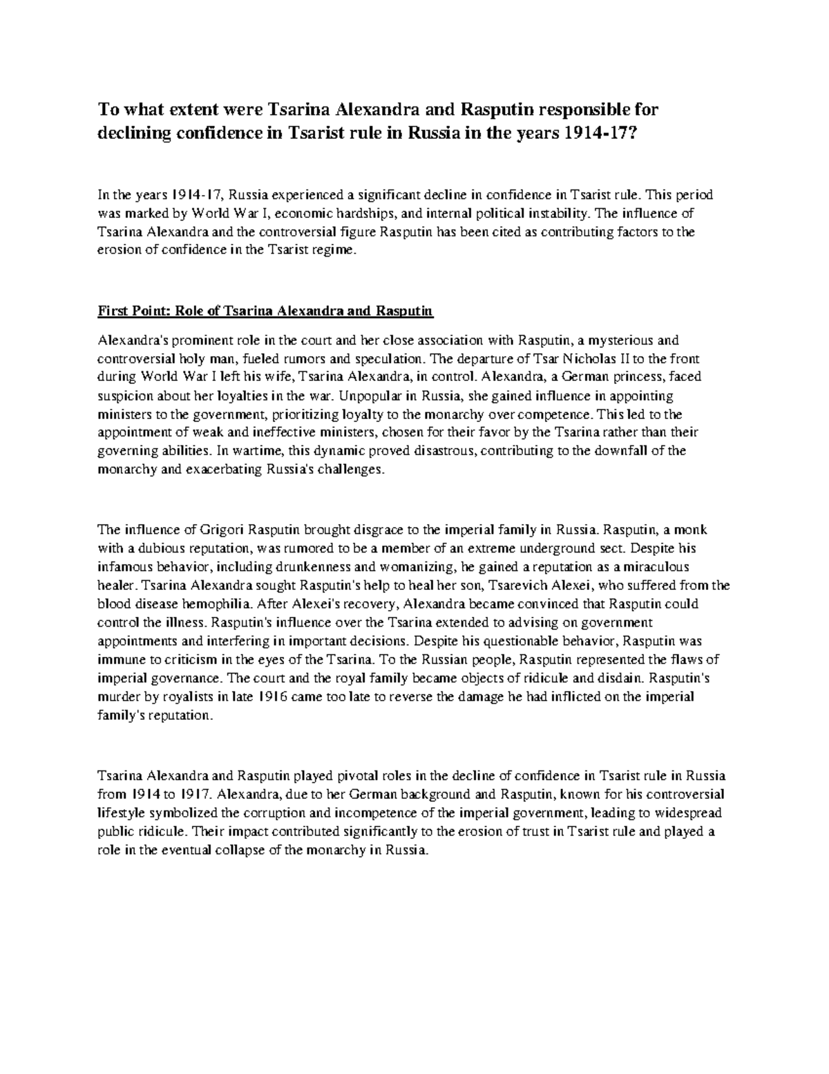 Tsarina Alexandra and Rasputin's Impact on Tsarist Confidence (HIST ...