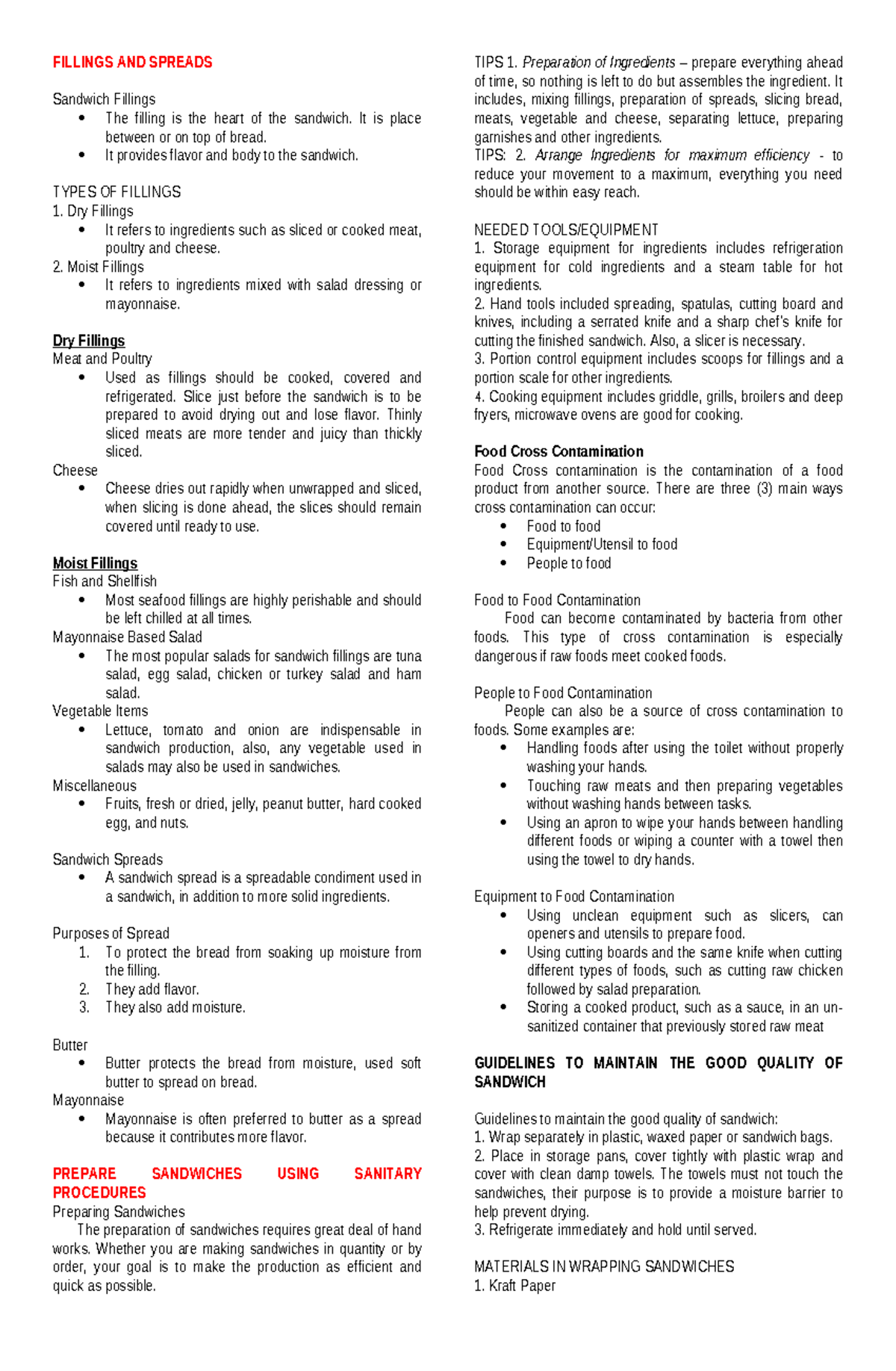 TLE 9 Sandwich Fillings and Spreads Reviewer Guide - Studocu