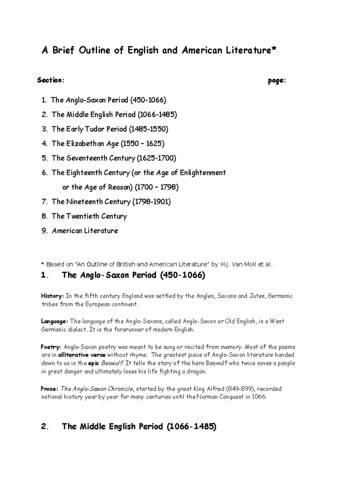 A Brief Outline of English and American Literature (ENG 101) - Studeersnel