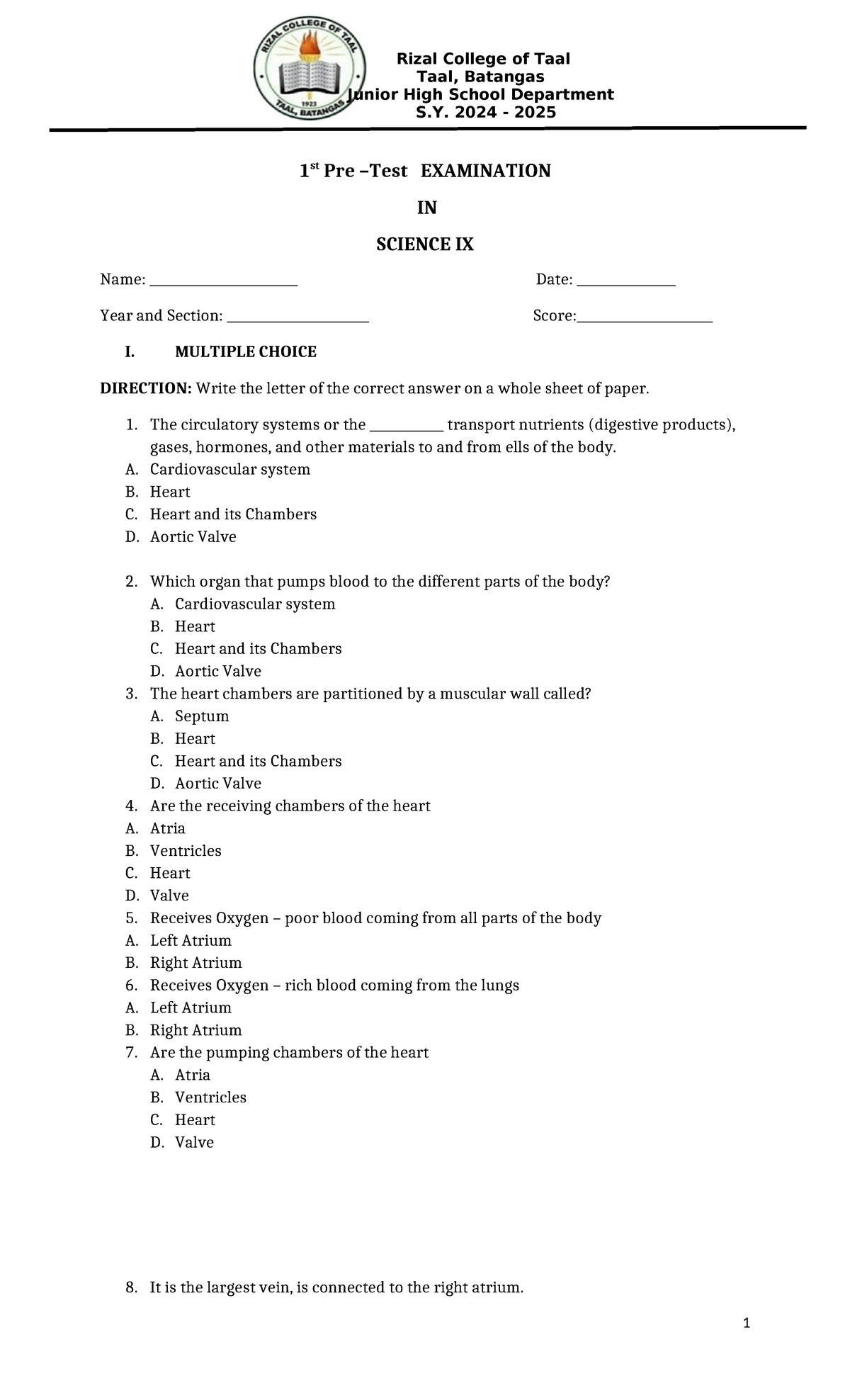 1st Pre - Test Science 9 - exam - Rizal College of Taal Taal, Batangas ...