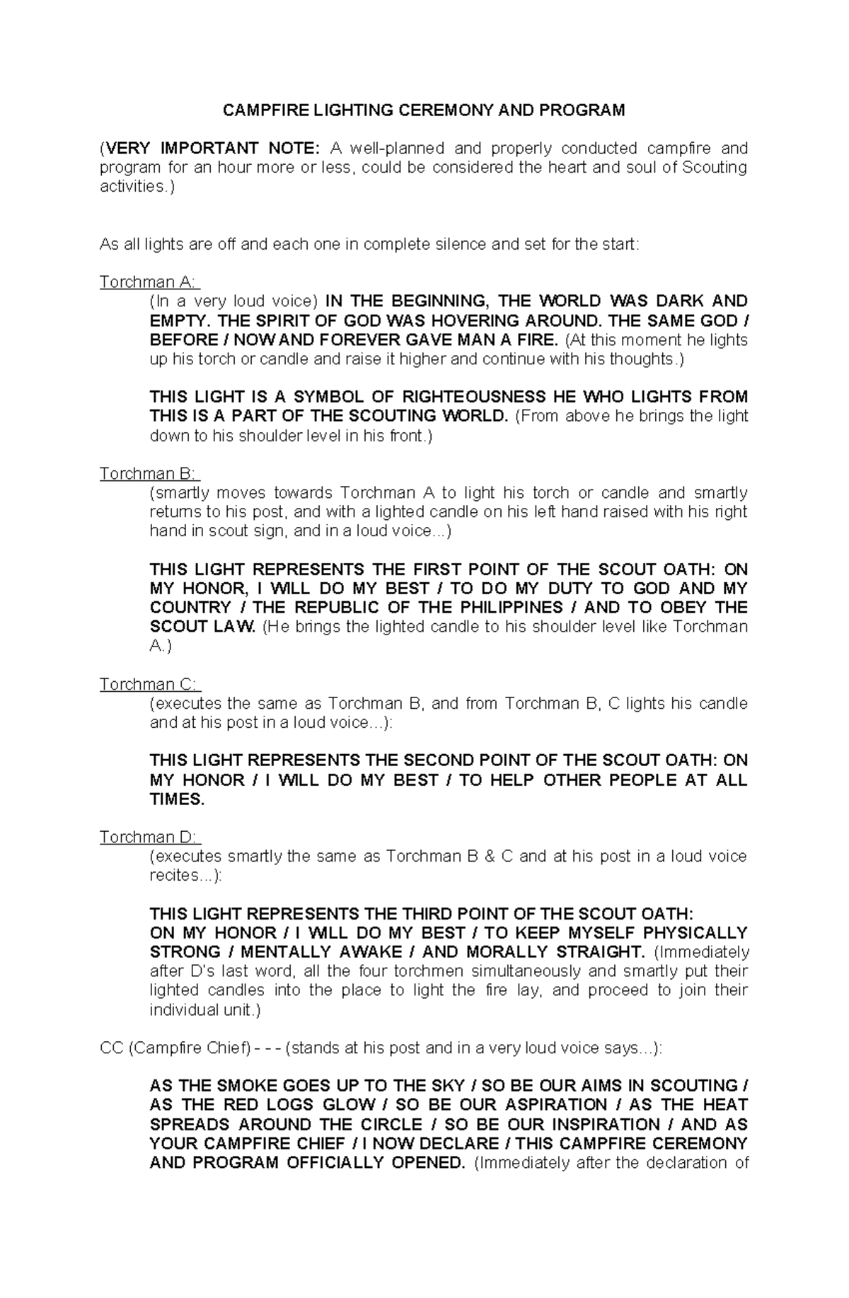 CAMPFIRE LIGHTING CEREMONY PROGRAM: A SCOUTING TRADITION - Studocu