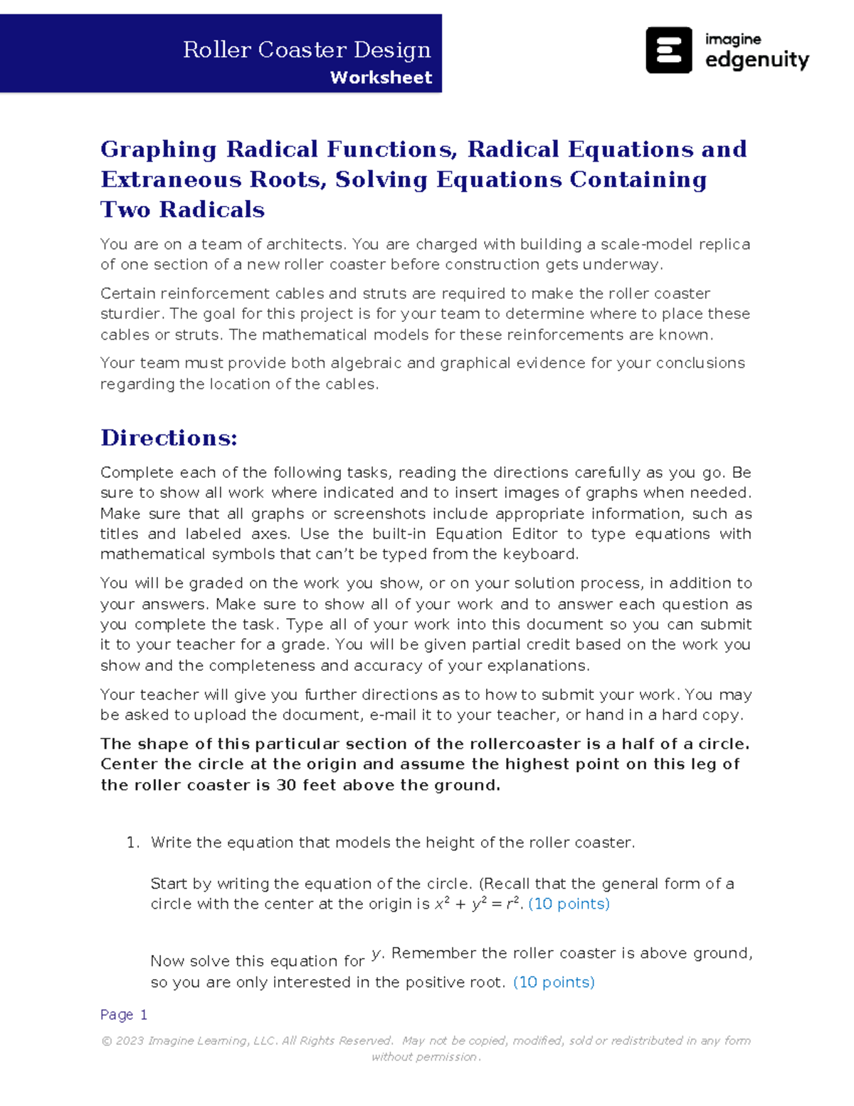 Roller Coaster Design Worksheet: Graphing Radicals & Equations - Studocu