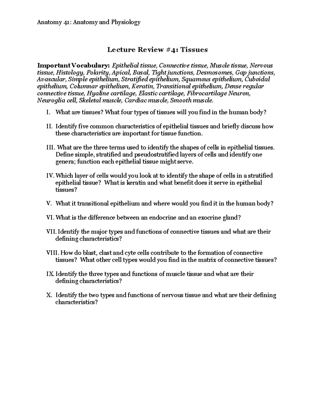 Anatomy 41: Lecture Review on Human Tissues & Functions - Studocu